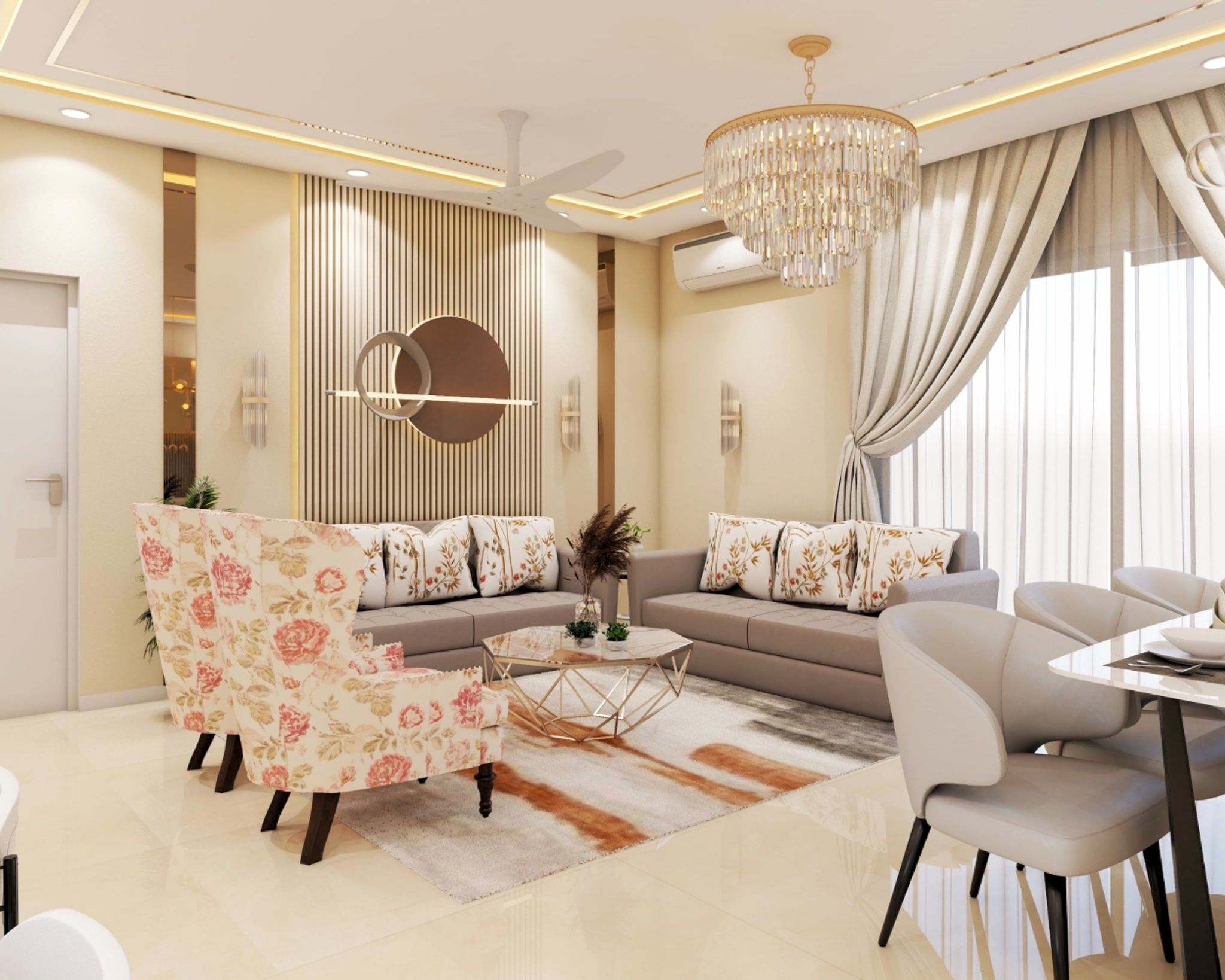 Spacious Contemporary Living Room Design with Fluted Wall Panels and Vibrant Color Palette ...