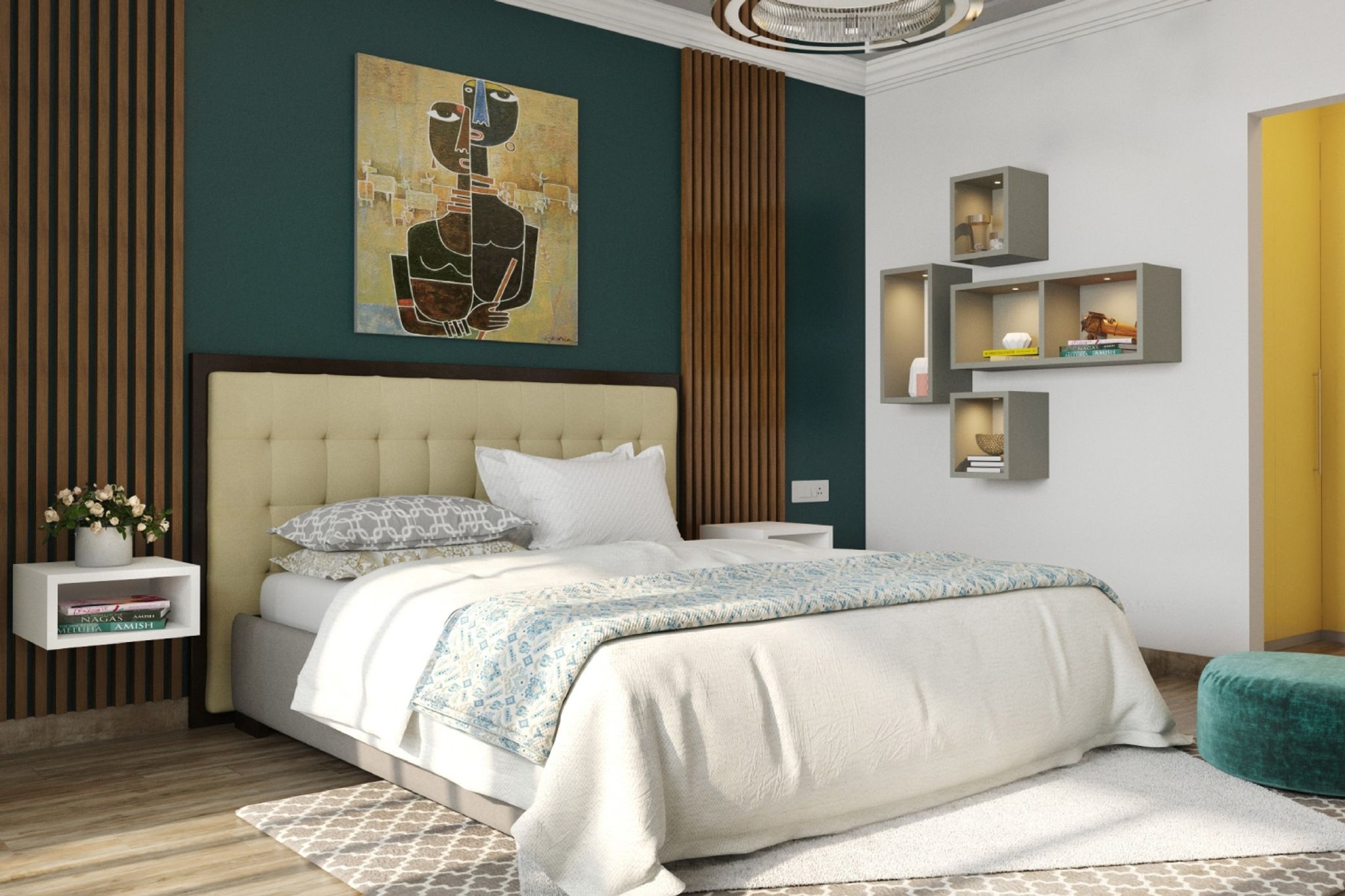 Modern Master Bedroom Design with Green Wall, Wooden Panelling and ...