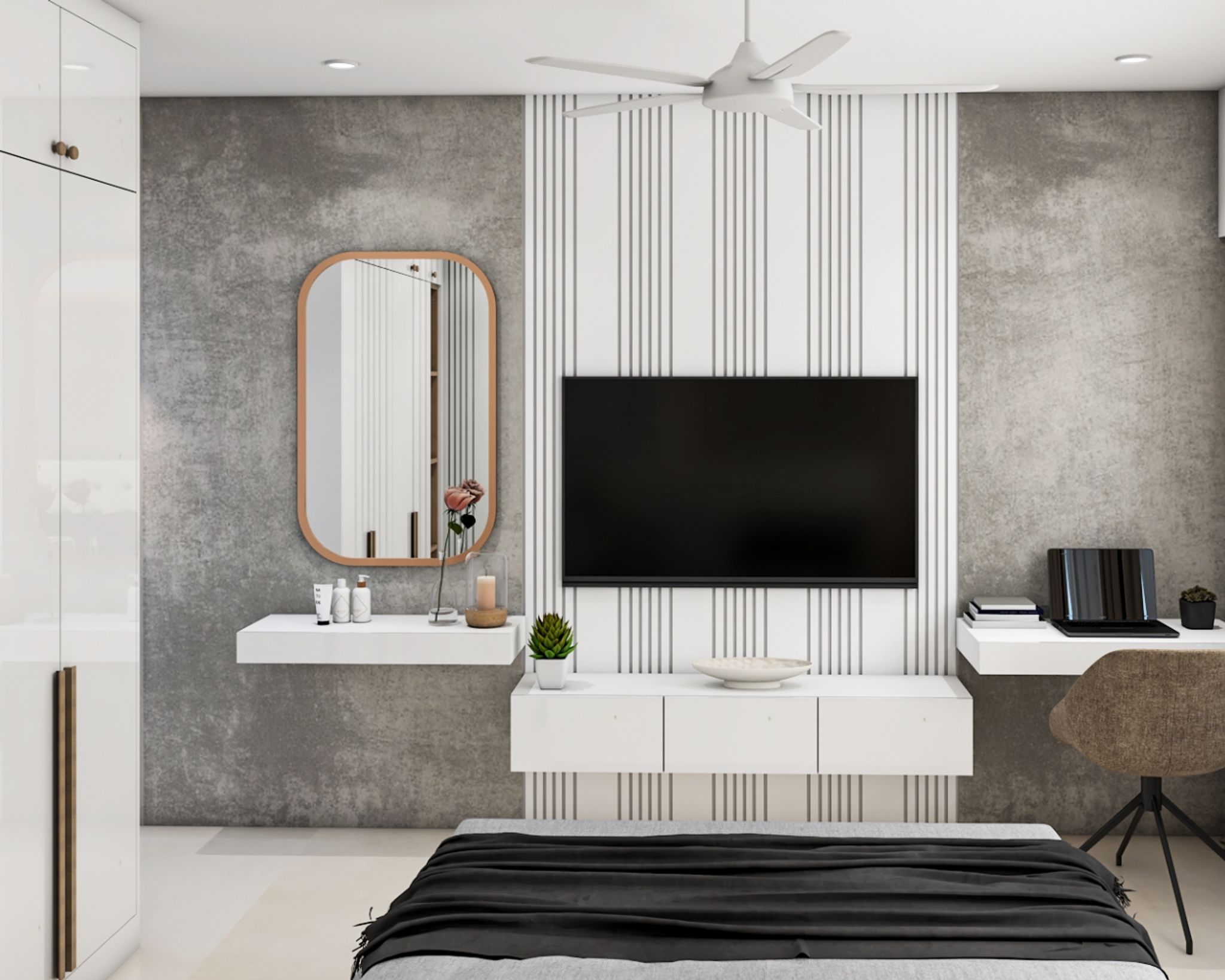 Elegant Master Bedroom Design with Grooved Wall Panels, and Pendant ...