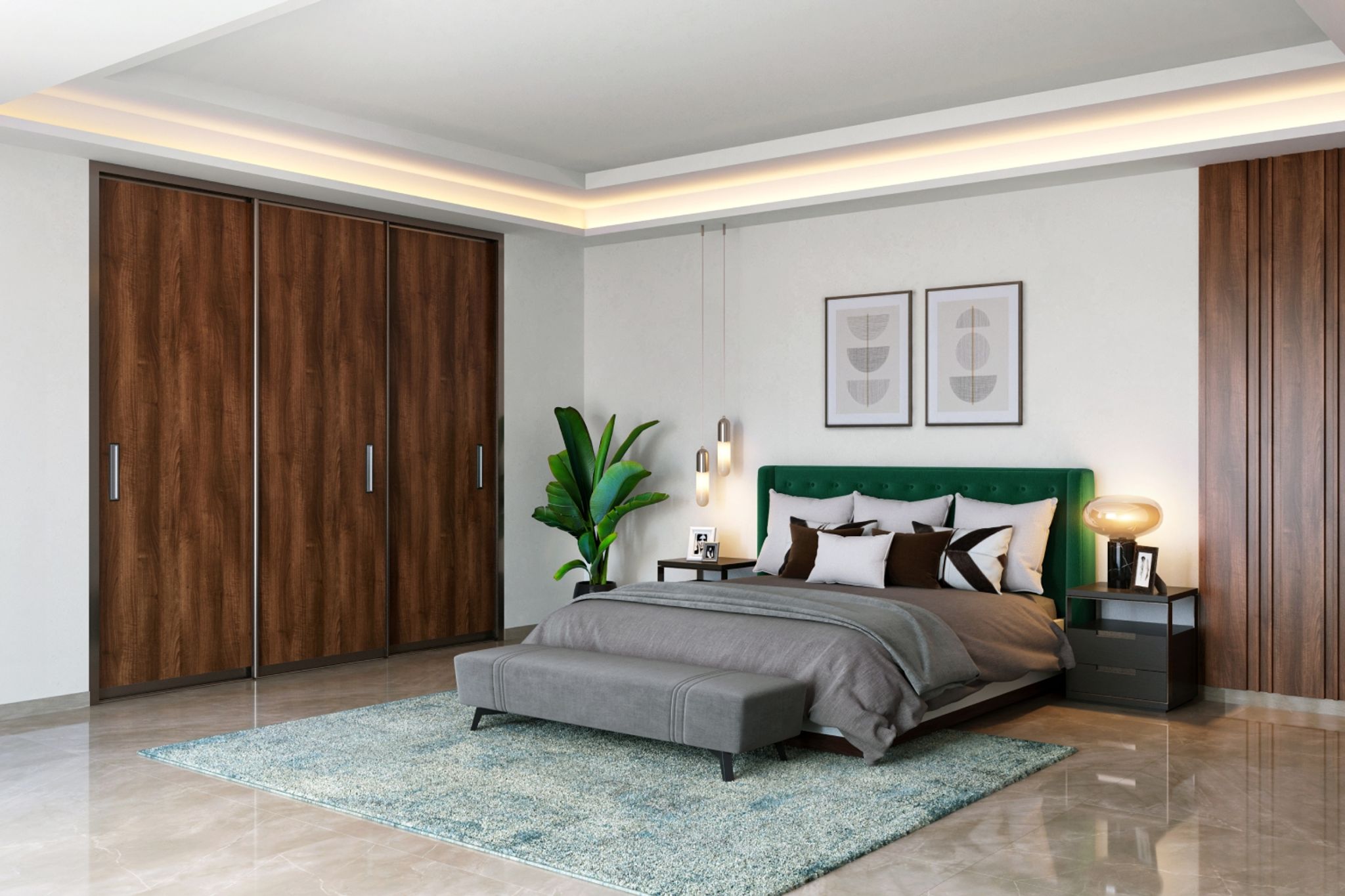 Spacious Green And Grey Bedroom Design With 3-Door Wooden Sliding ...