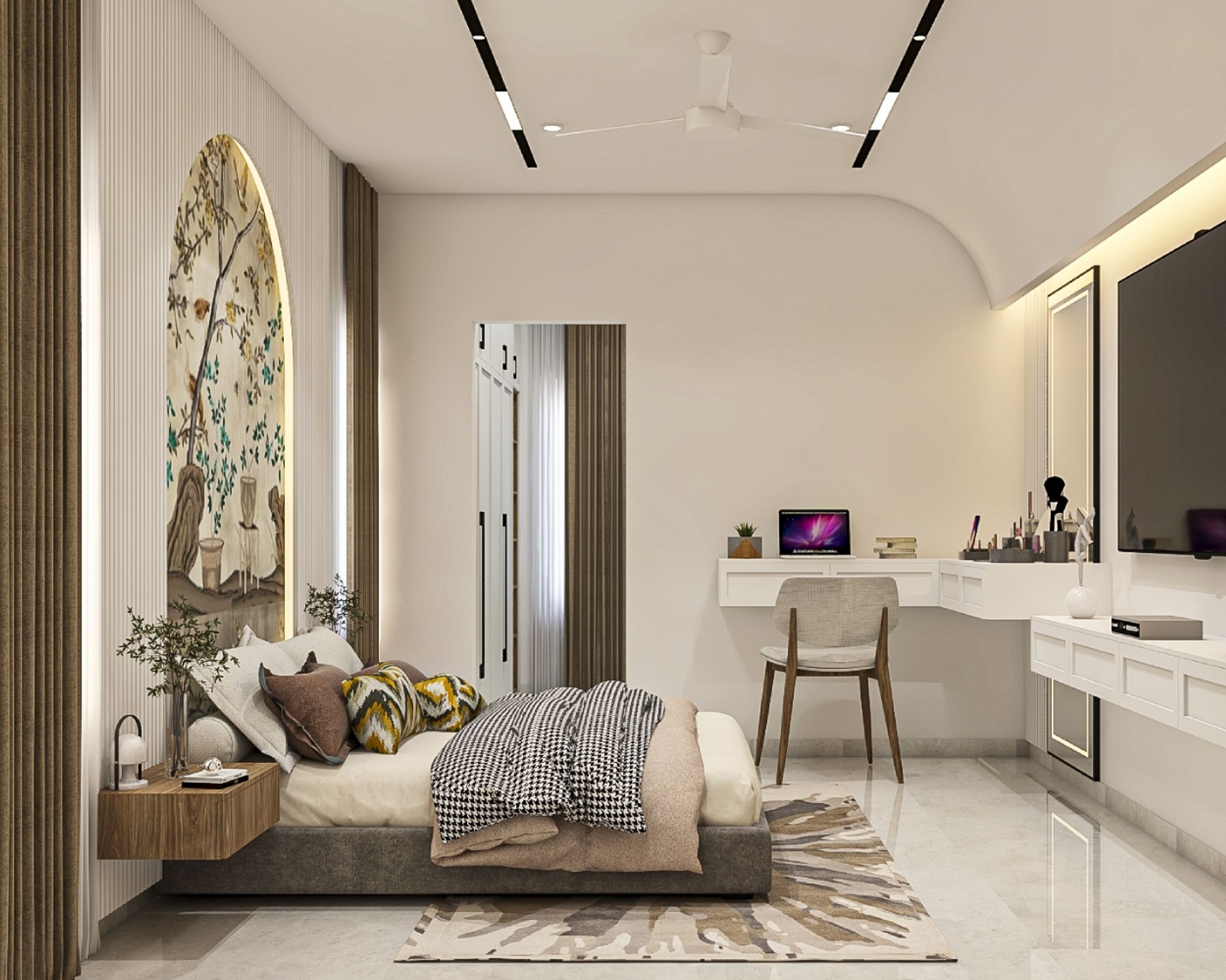 Spacious Art Deco Master Bedroom Design with Walk-In Wardrobe, Study ...