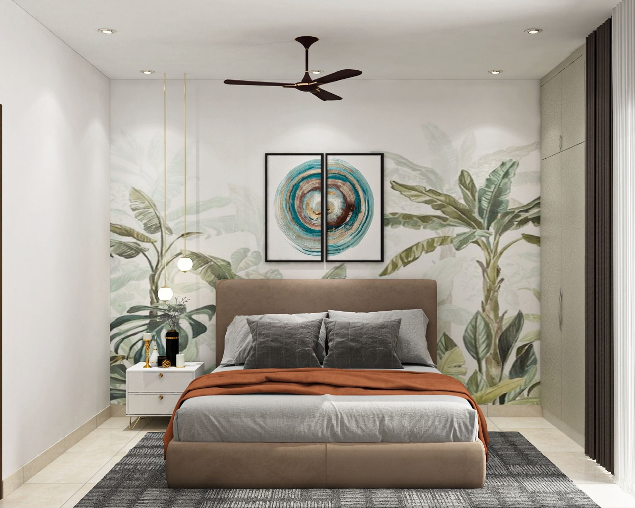 Tropical Vibes: Modern Master Bedroom Design With Brown Bed & Wardrobe ...