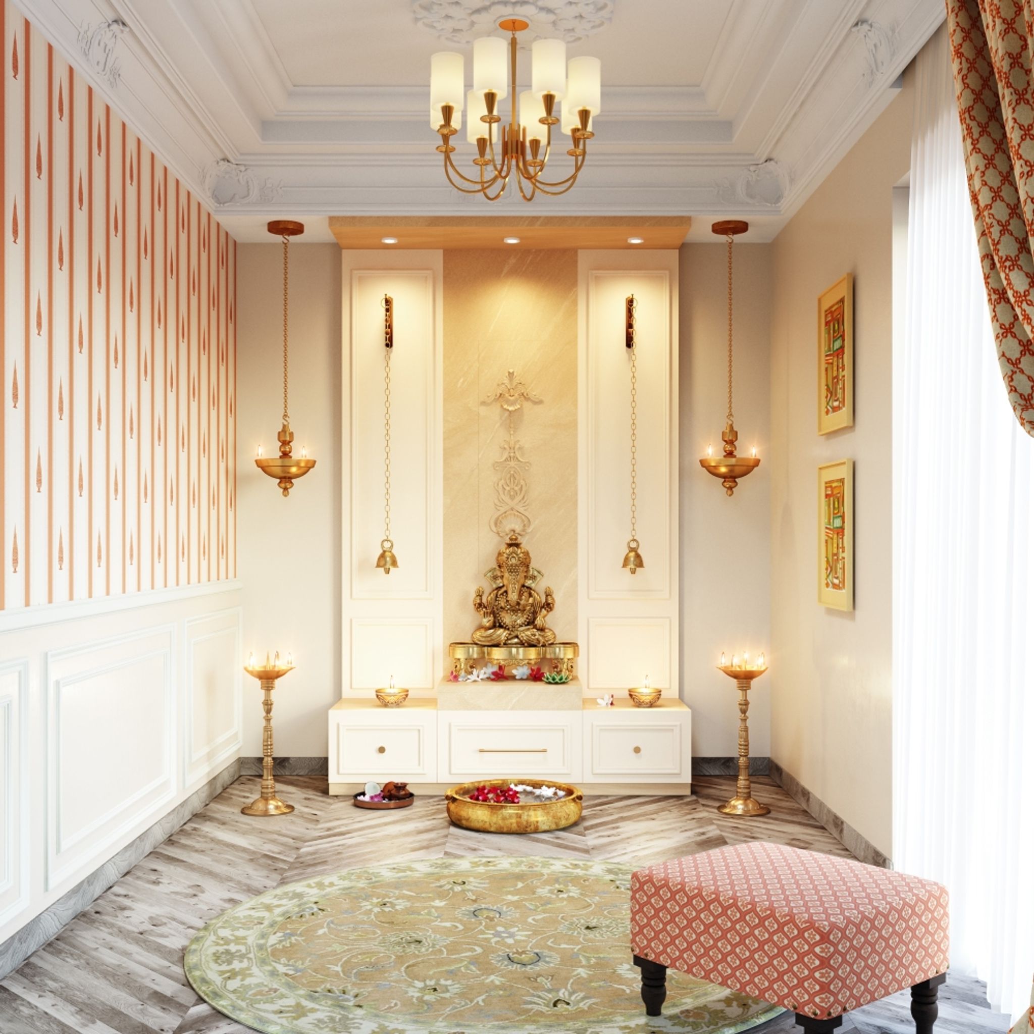 Marble Trim Classic Pooja Unit Design with Stucco Ceiling and Wallpaper ...