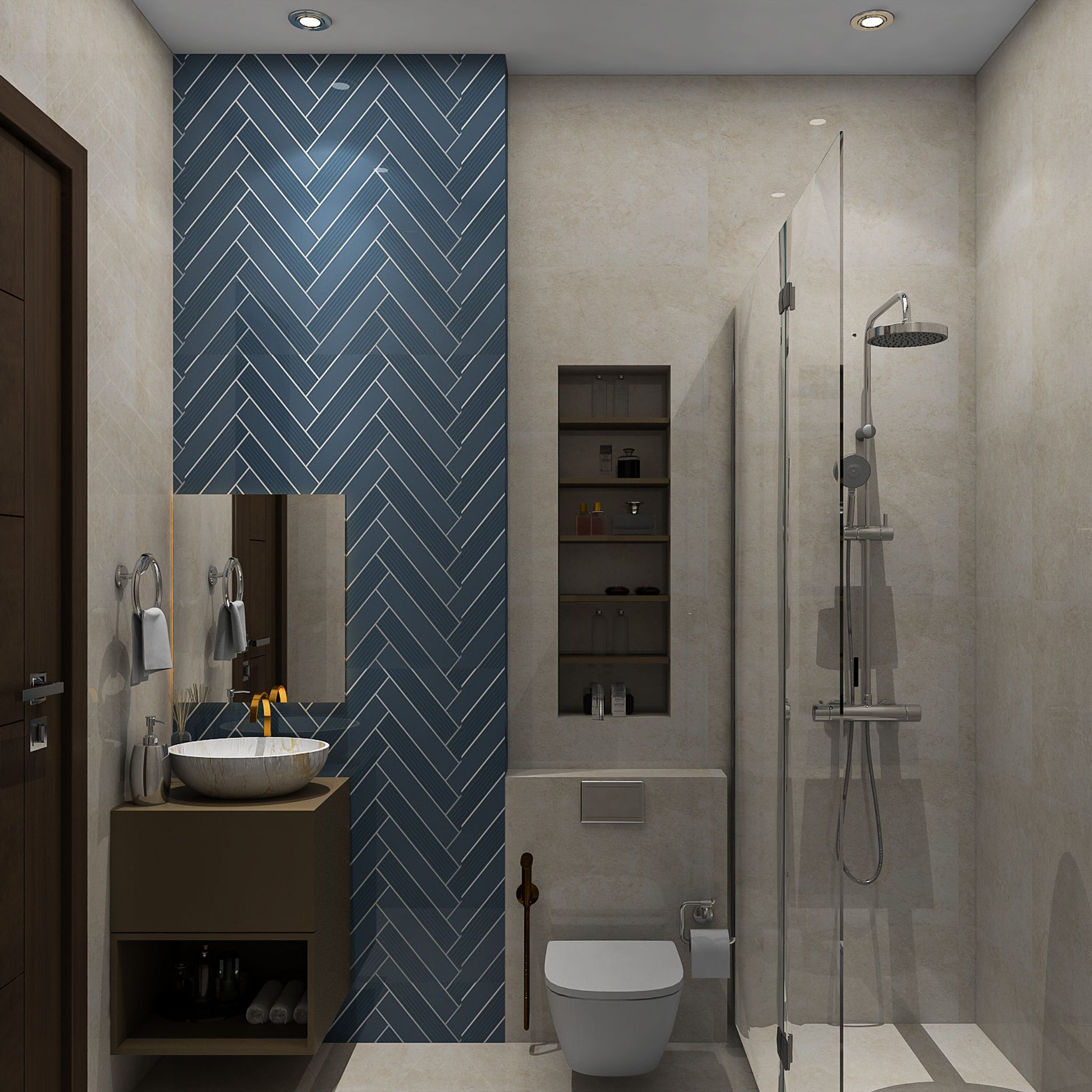 Small Contemporary Bathroom Design: Vanity, Rectangle Mirror and Glass ...