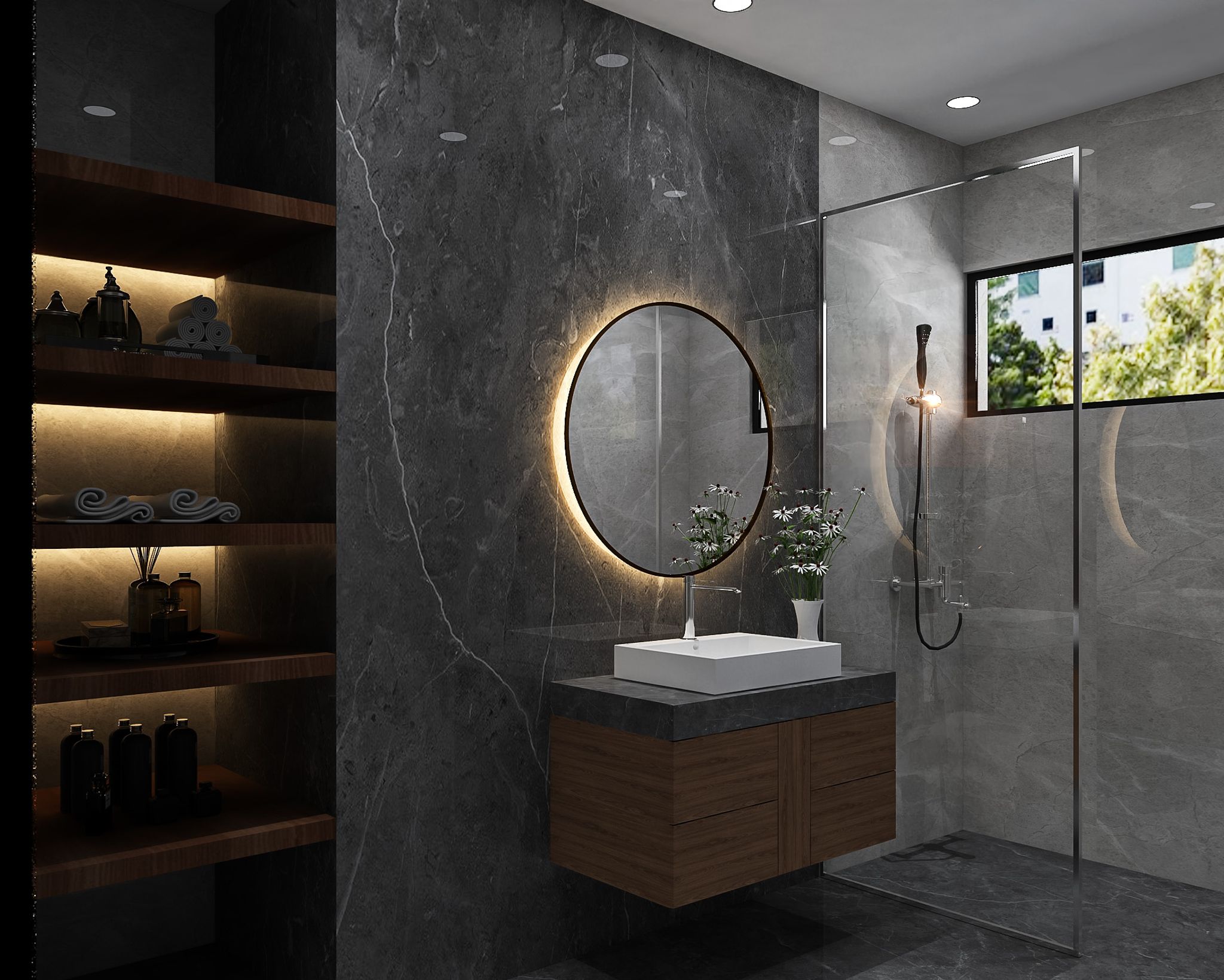 Contemporary Bathroom Design with Backlit Mirror, Vanity and Glass Partition | Livspace
