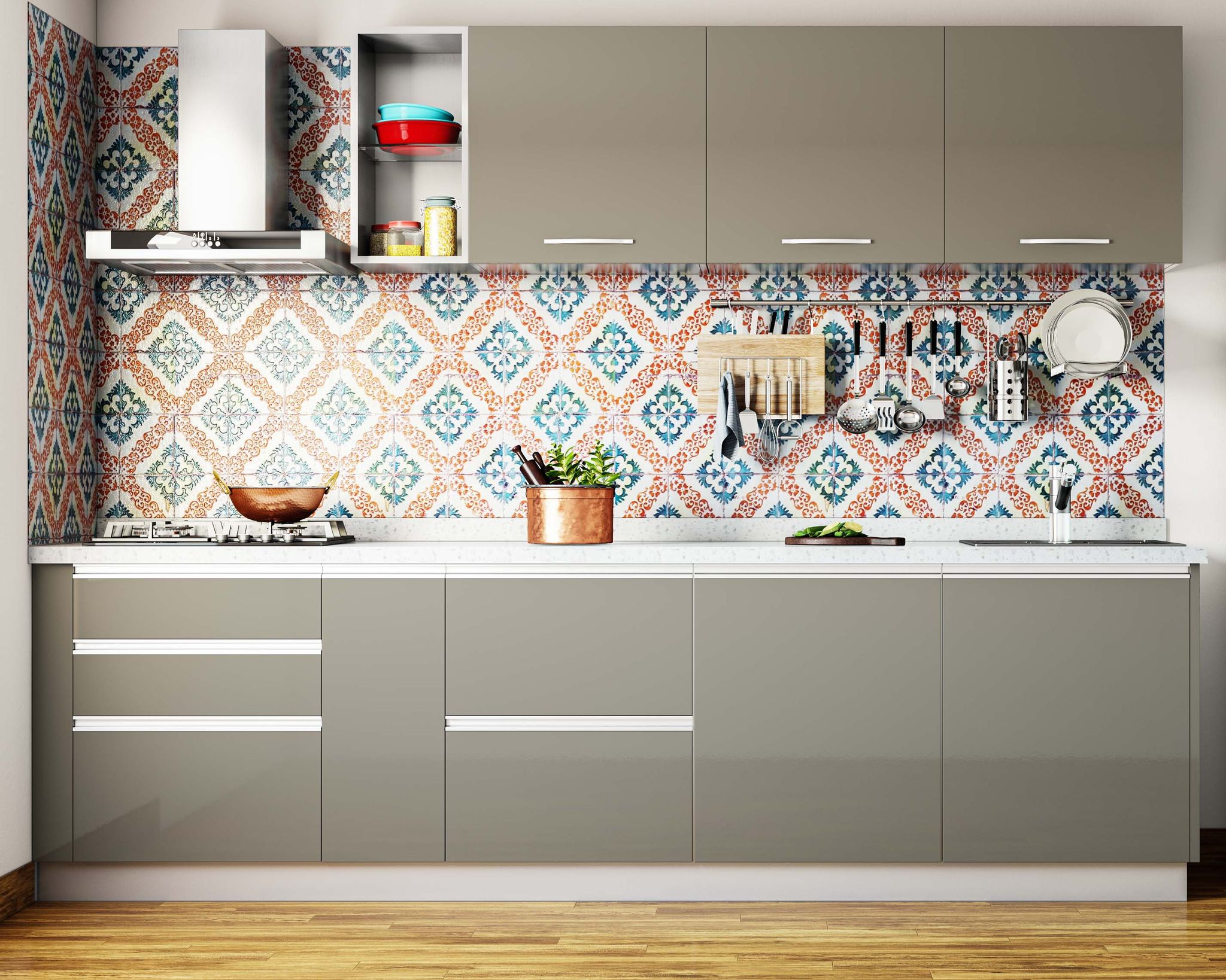 Modern Open Plan Kitchen Design: Cabinets and Moroccan Tiles | Livspace