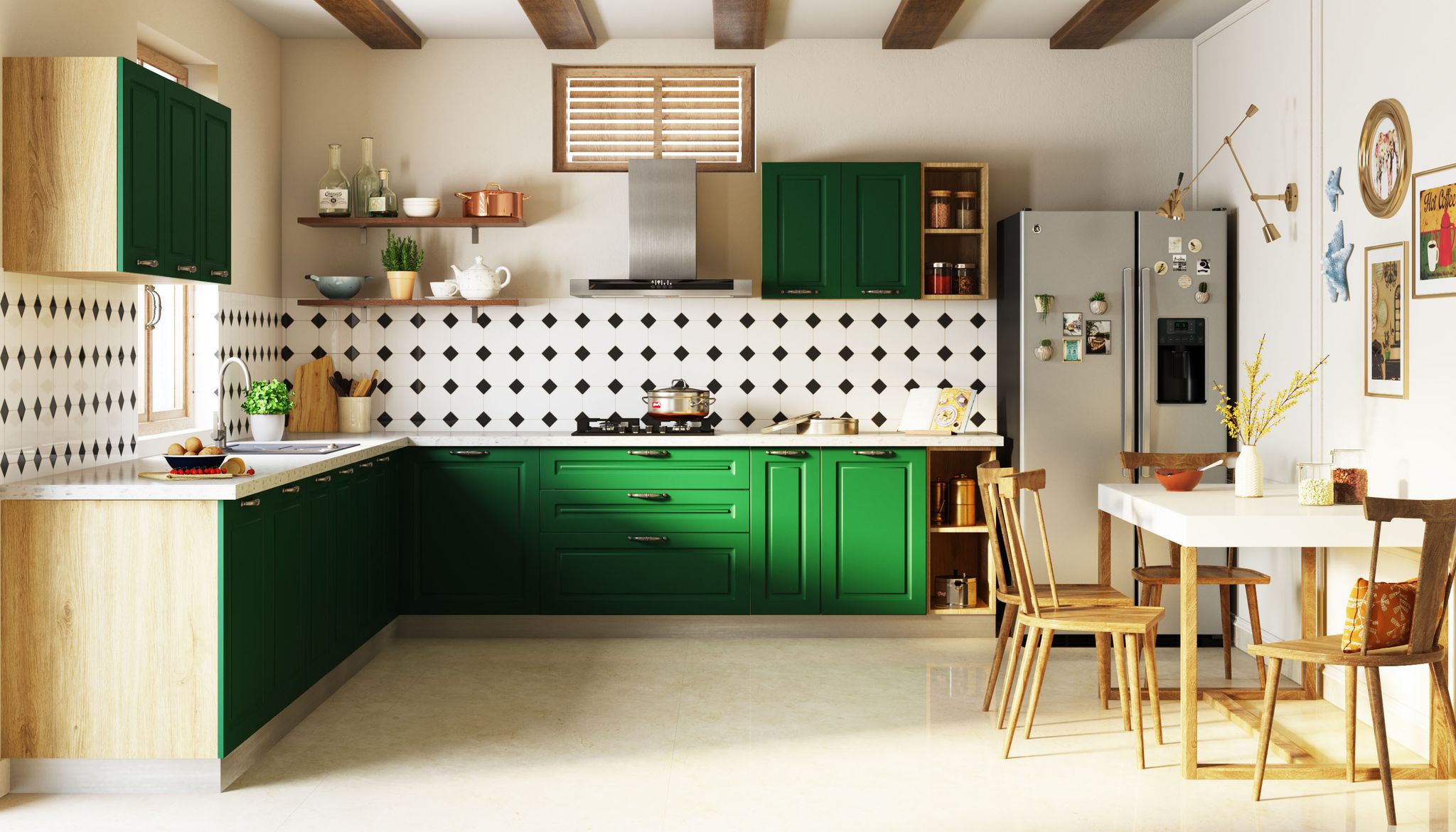Large Family Classic L-Shaped Kitchen Design: Verde Alpino, Corian Top ...