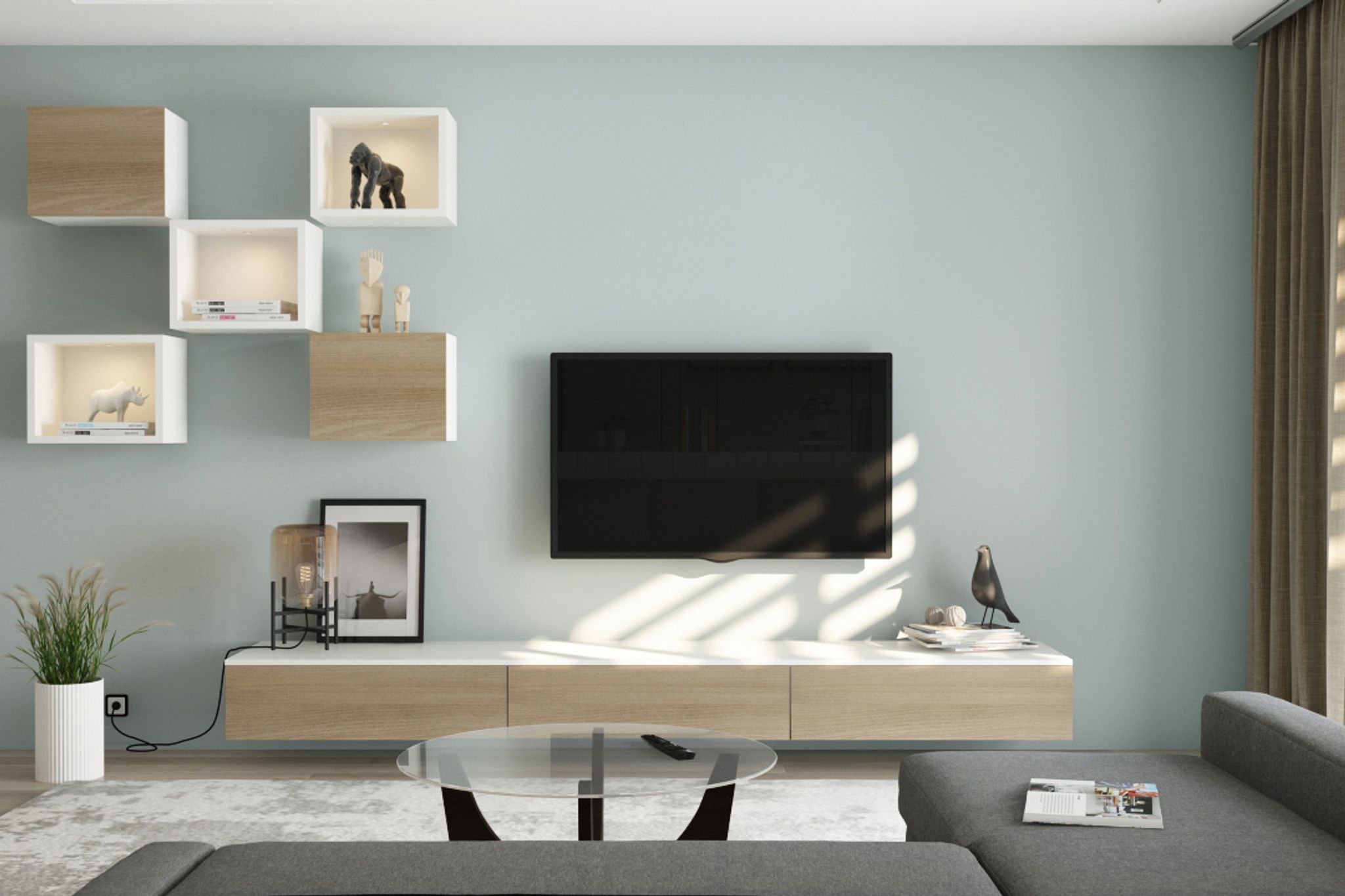Modern Hooked Acacia and White TV Unit Design With Storage Units | Livspace