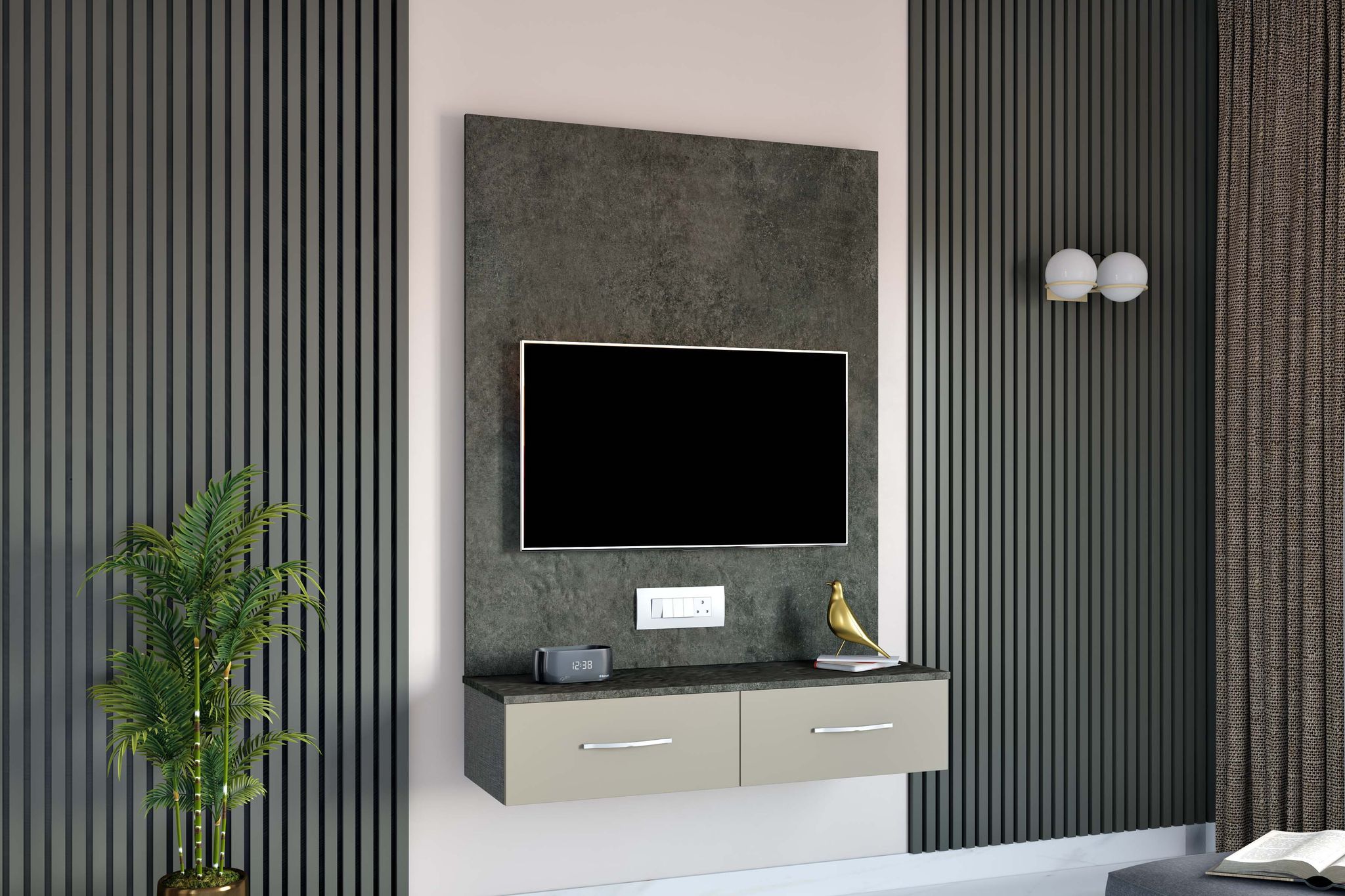 Customizable Dove Grey TV Unit Design With Wall Mounted Drawer Unit ...
