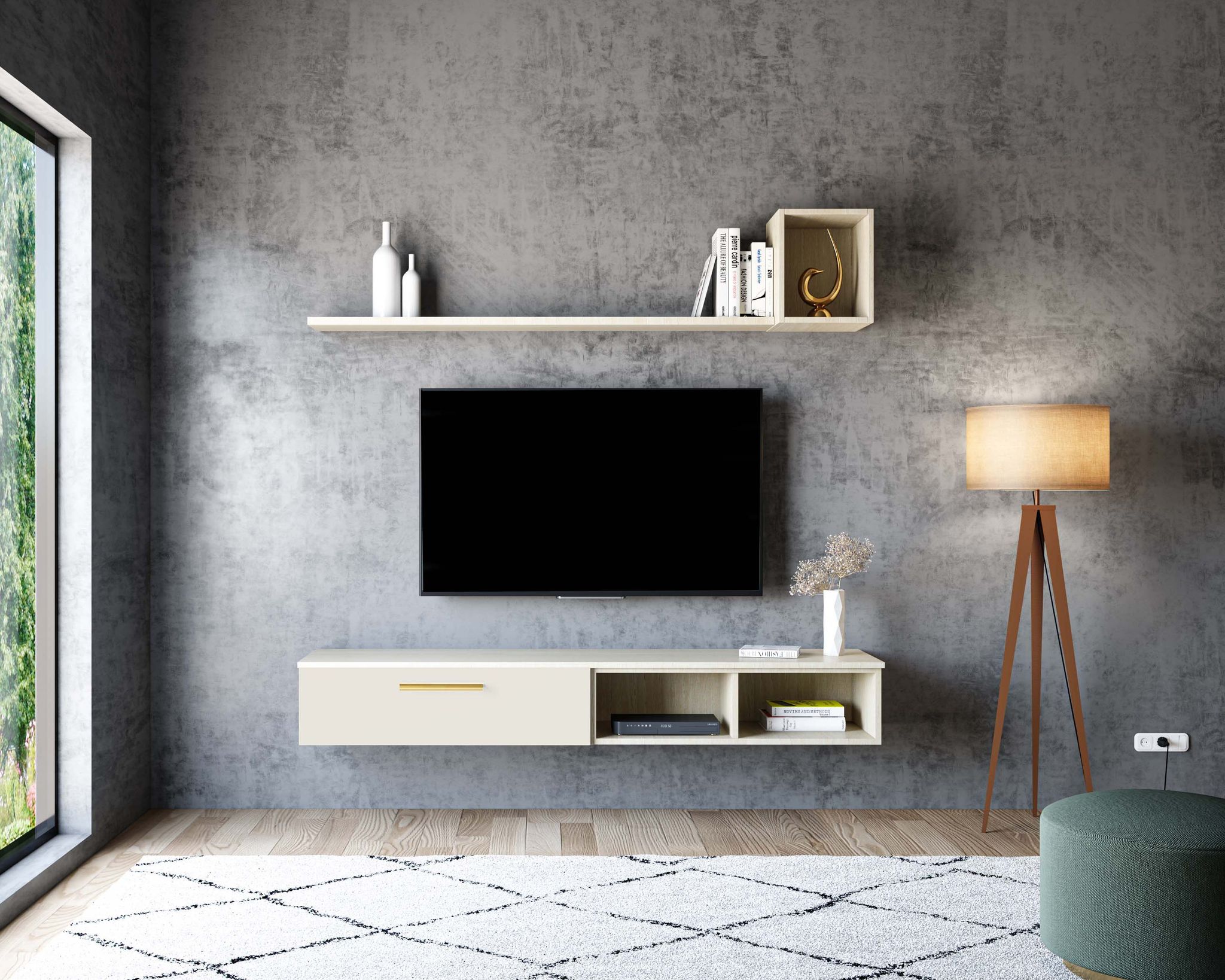 Customizable Modern Pumic Grey TV Unit Design: Wall Mounted Drawer with ...