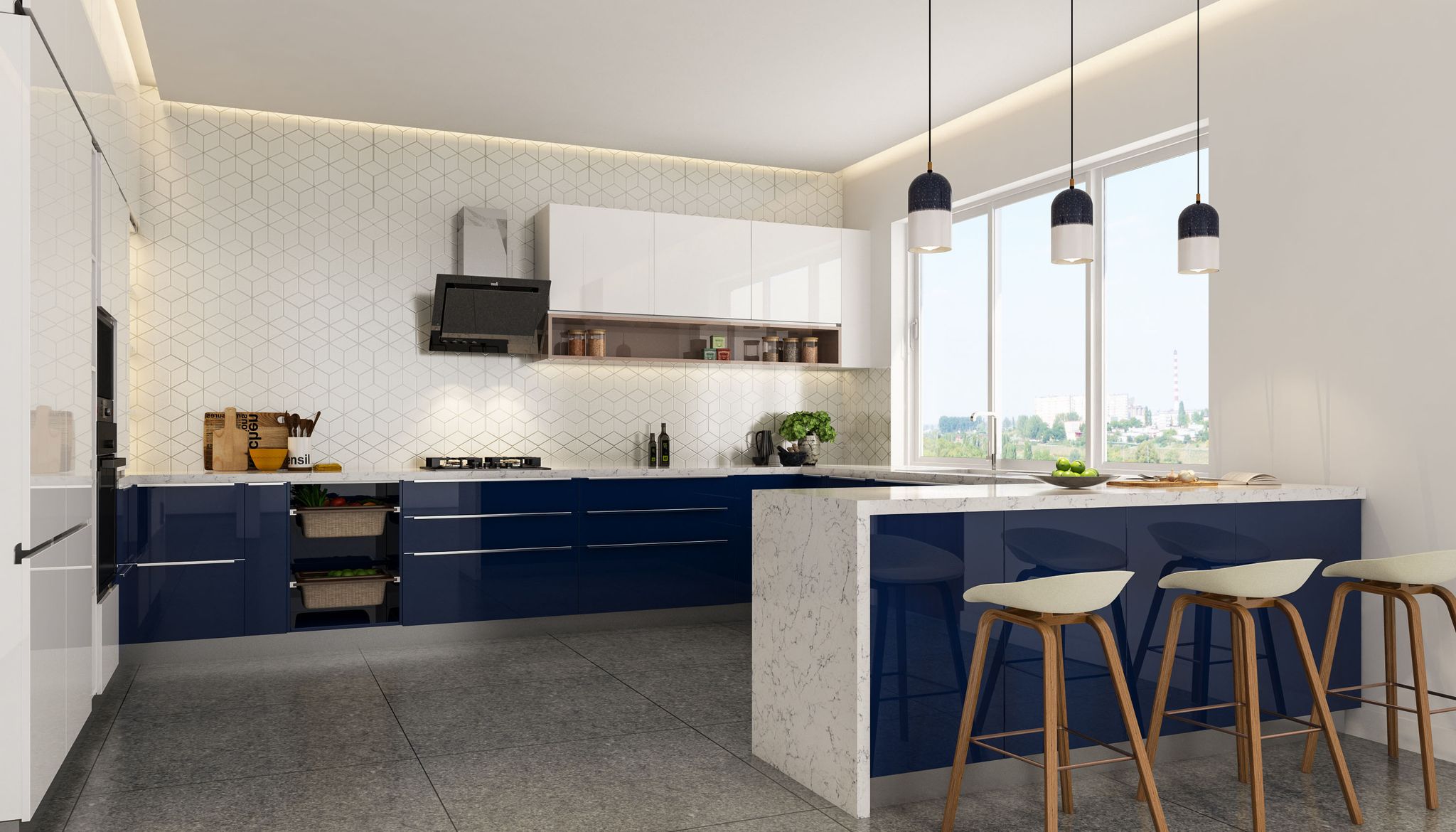 Spacious Dark Blue And White India Kitchen Design With White Geometric ...