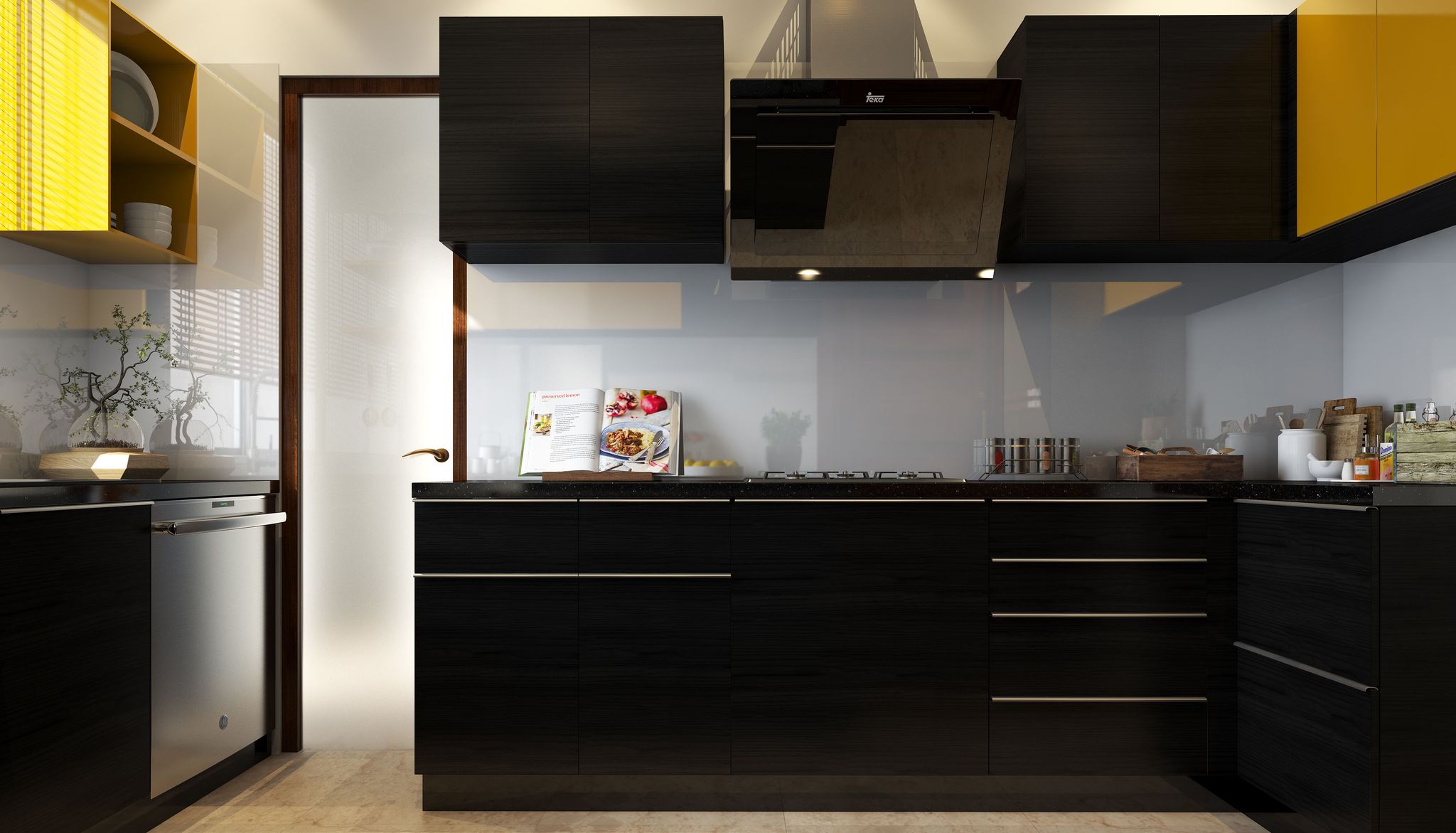 Spacious Yellow And Dark Wood L-Shaped Modular Kitchen Design | Livspace