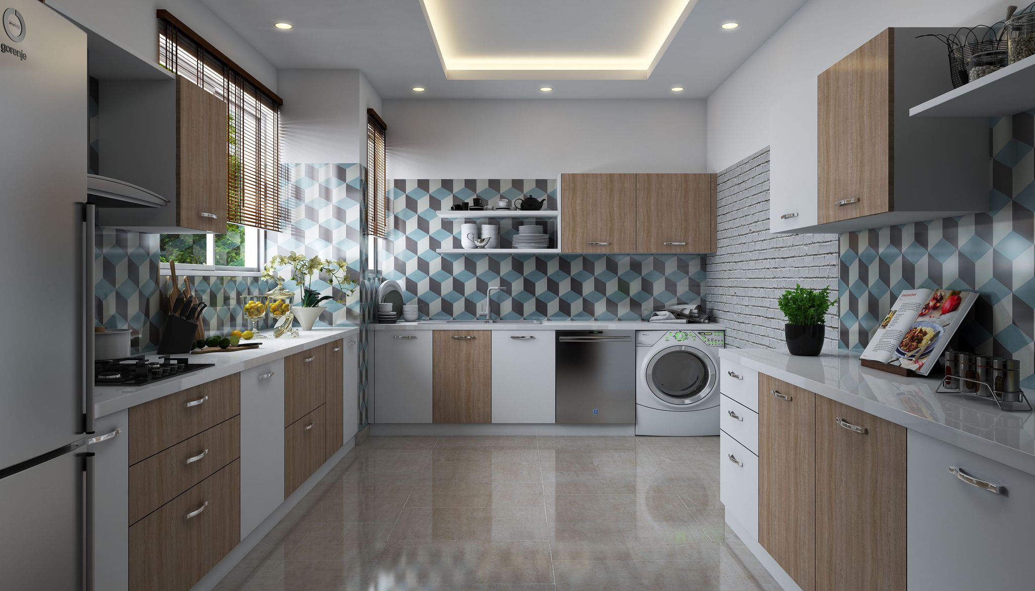 Spacious Indian Kitchen Design In Wood And White With Hexagonal Backsplash | Livspace