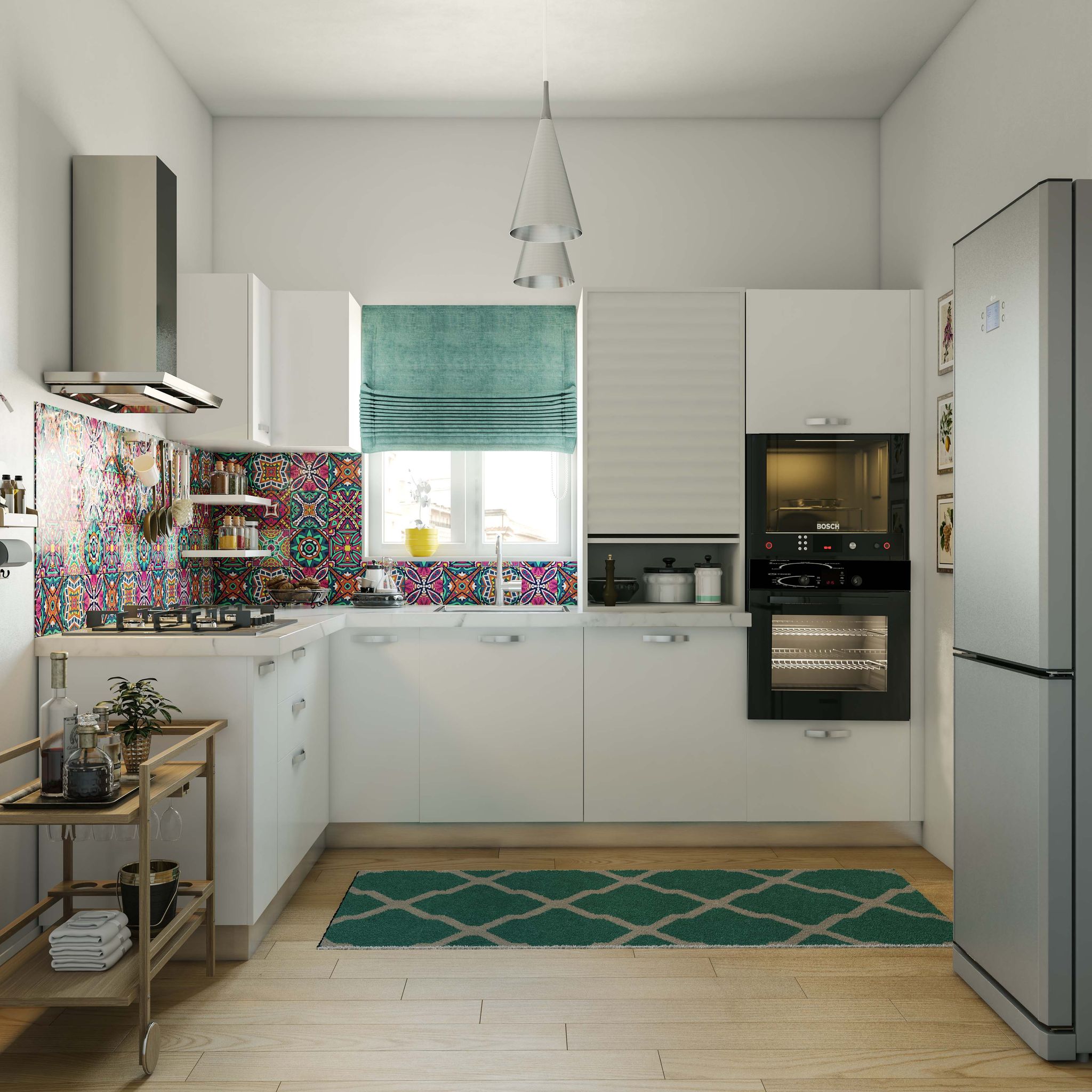 Modular L-Shaped White Kitchen Design With Colourful Moroccan ...