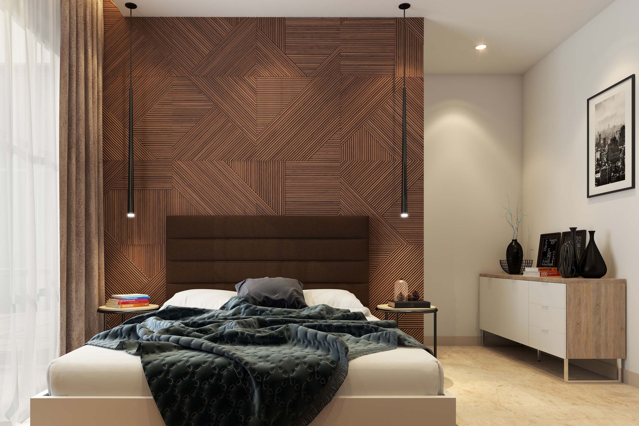 King Bed & Storage With Wood Panel Accent in Modern Master Bedroom ...