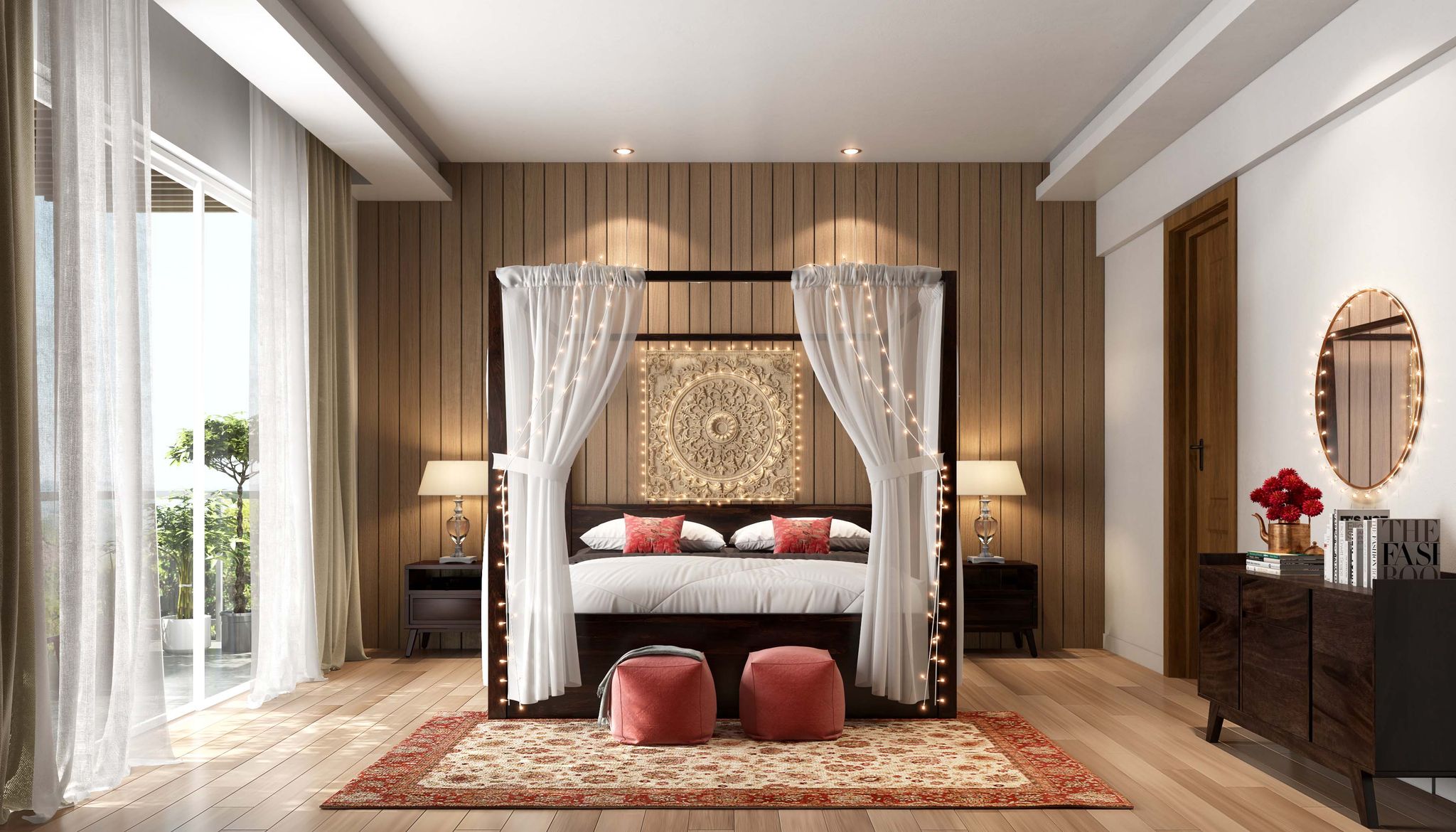 Minimalist & Functional: Indian Traditional Master Bedroom Design With Canopy Bed | Livspace