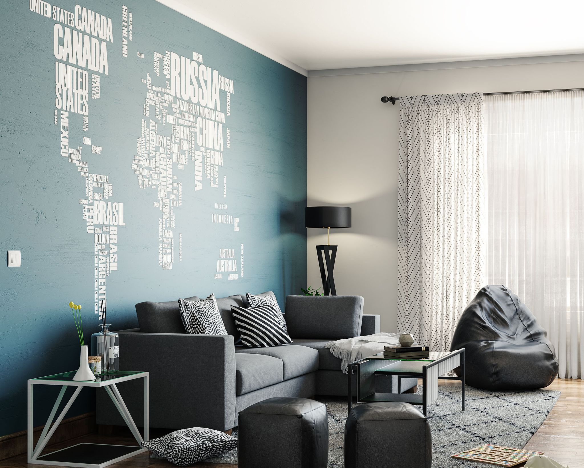 Blue And White Living Room Wall Decor With Wallpaper | Livspace
