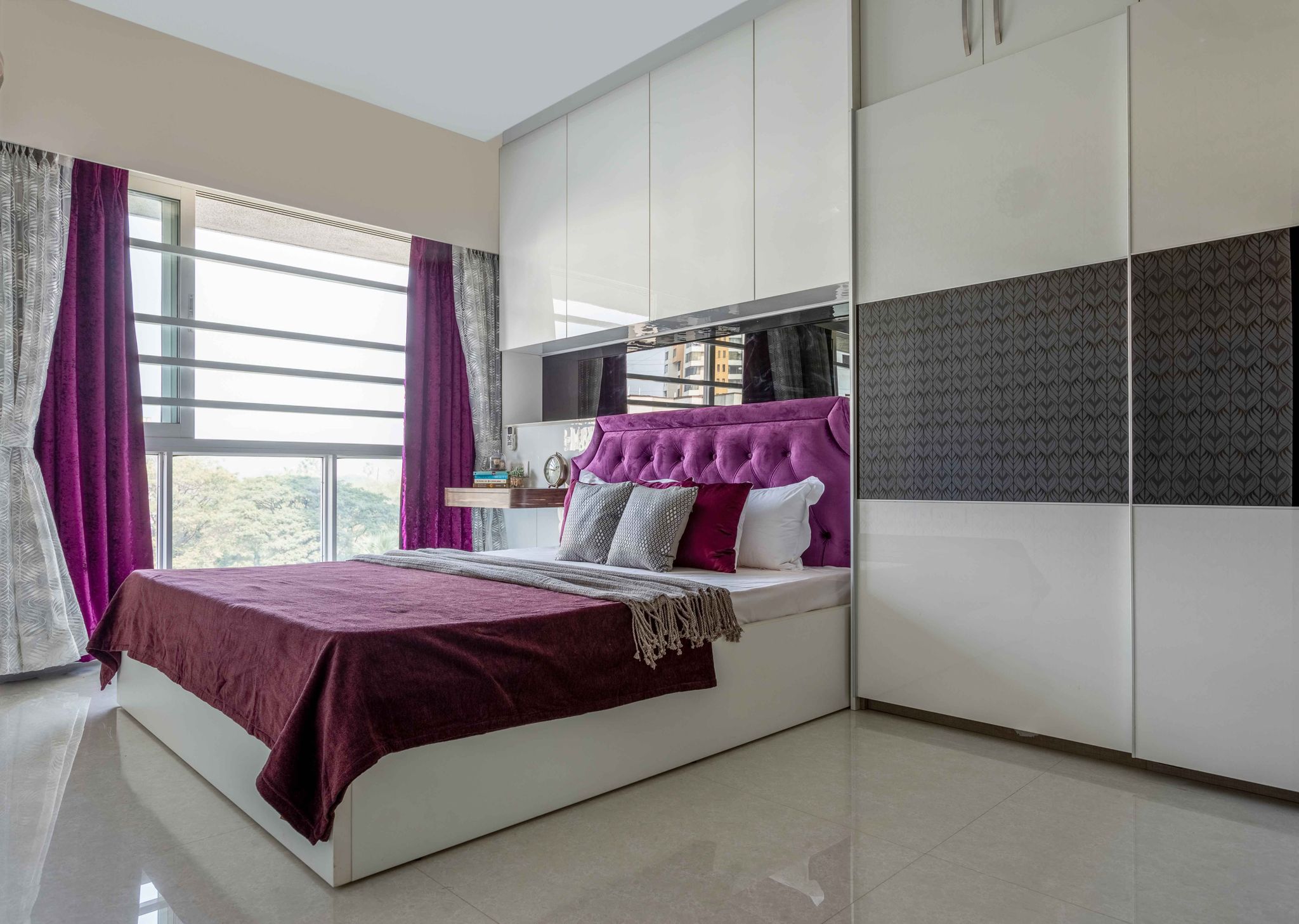 Space-Saving White And Purple Master Bedroom Design With Integrated ...