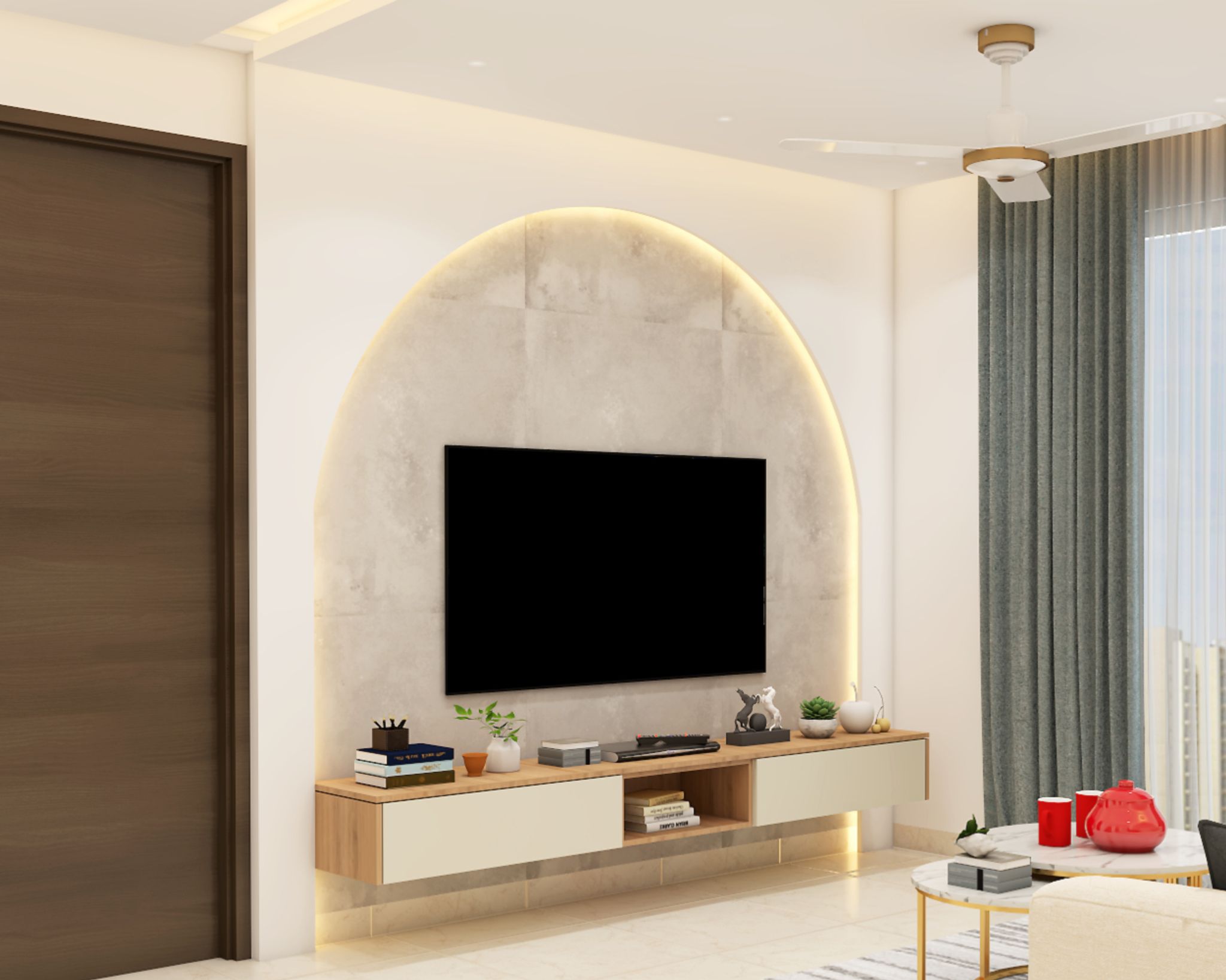 Wall Mounted Contemporary Tv Unit Design With Arched Wall And Cove