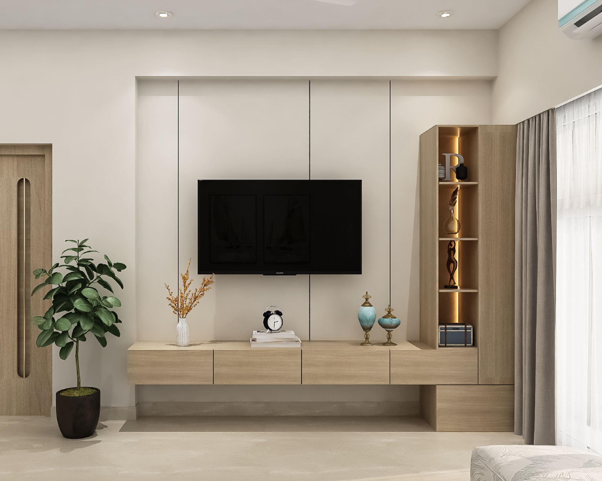 American Walnut Modern TV Unit Design with Wall Mounted Drawer | Livspace