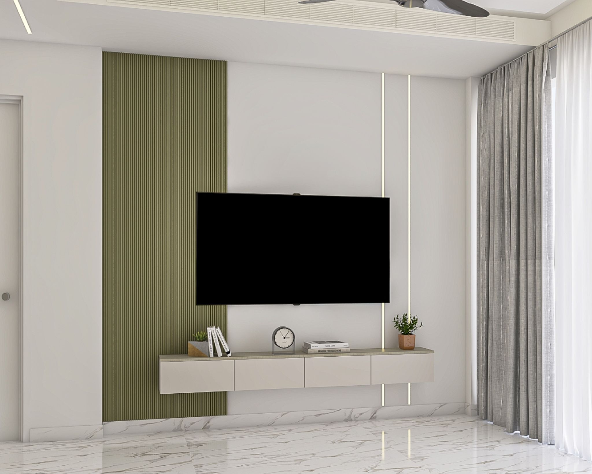 Minimal TV Unit Design: Frosty White with Wall Mounted Drawer Unit | Livspace