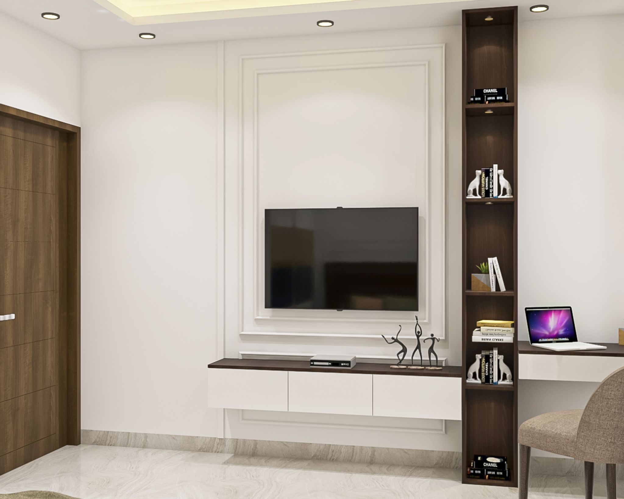 Wood And White Floating TV Unit Design With Tall Open Wooden Storage ...