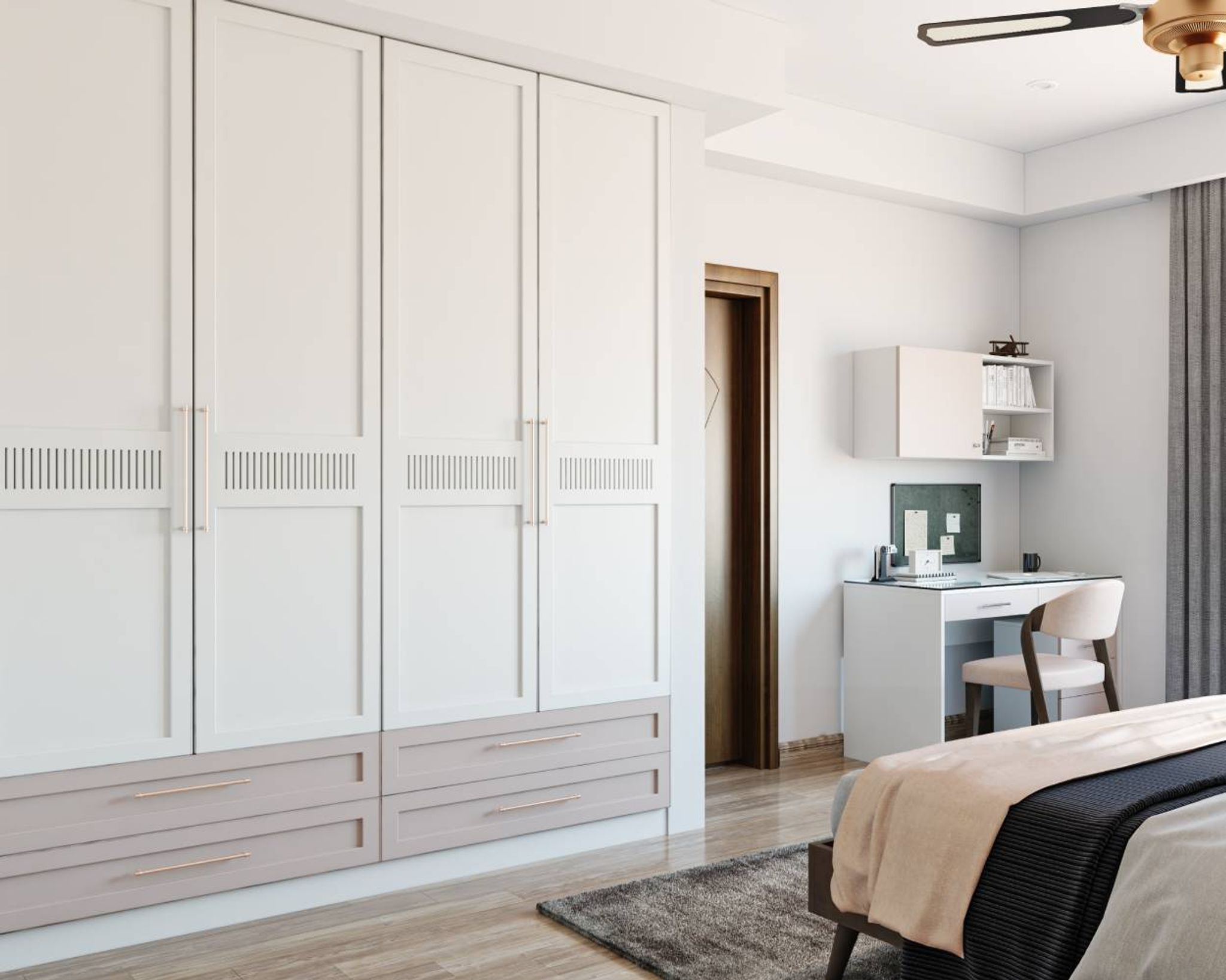White And Sand Satin 4-Door Swing Wardrobe Design | Livspace