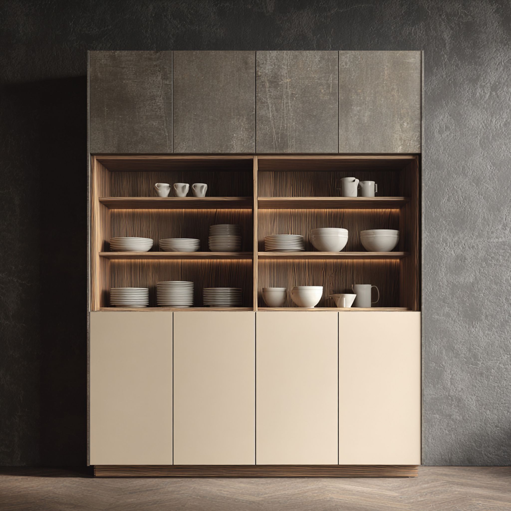 Classic Ivory and Grey Crockery Unit Design with Shelves and Closed ...