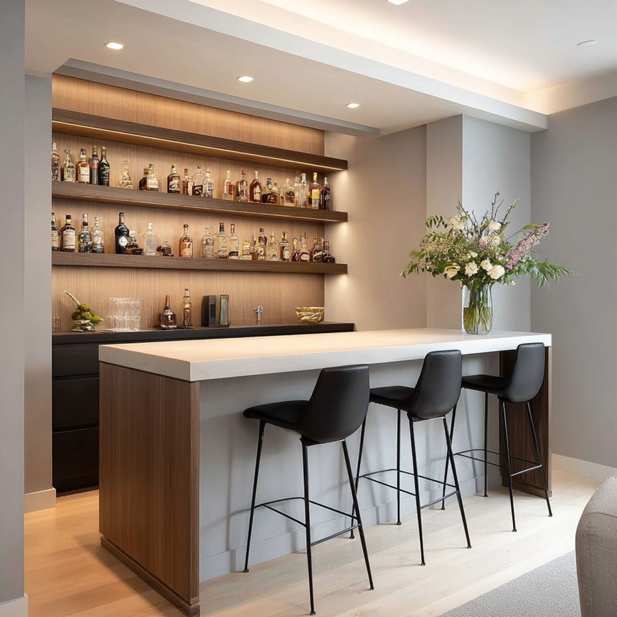 Contemporary Home Bar Design with Walnut and Grey Finish and Underlit ...