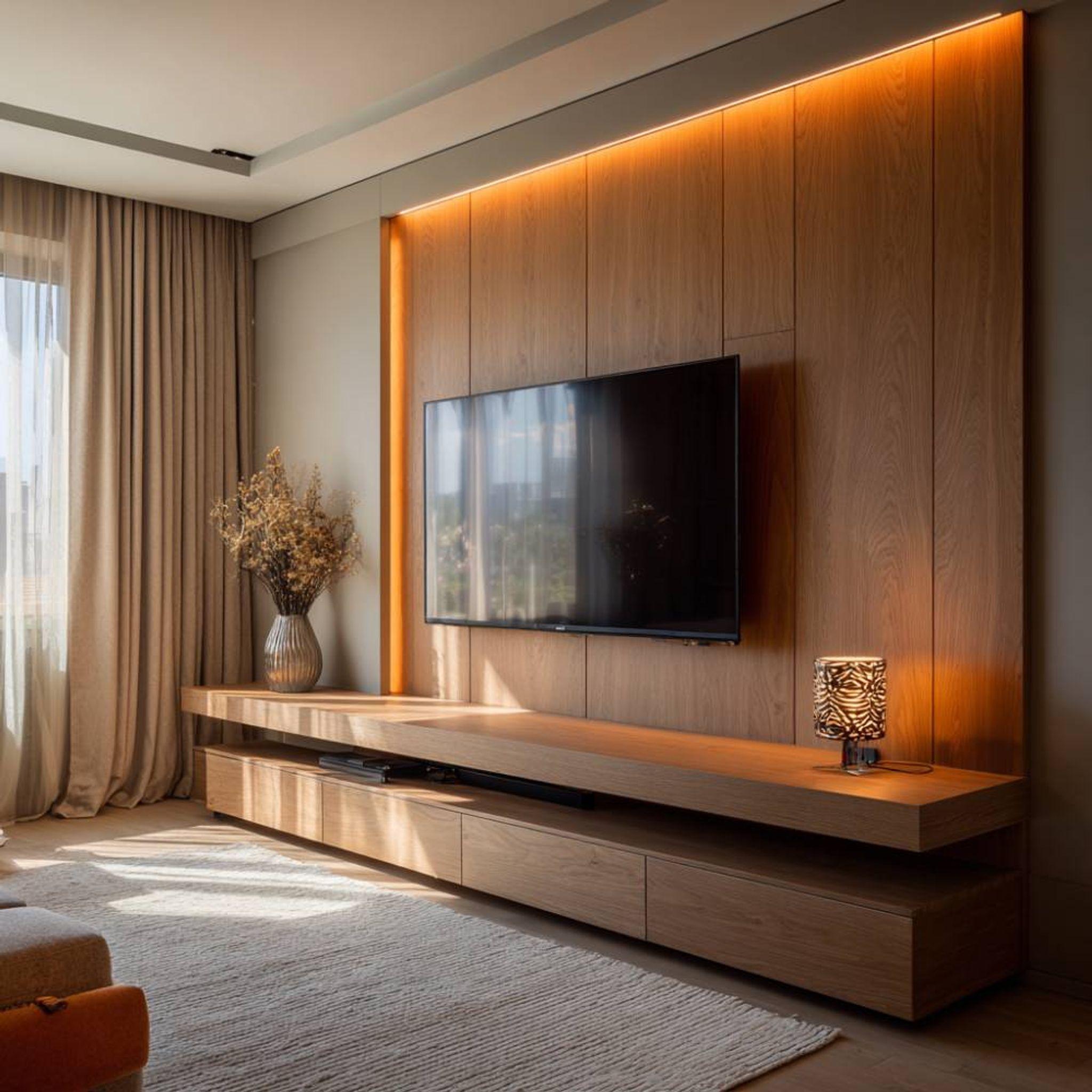 Contemporary Walnut Bronze TV Unit Design with Floating Shelf Storage ...