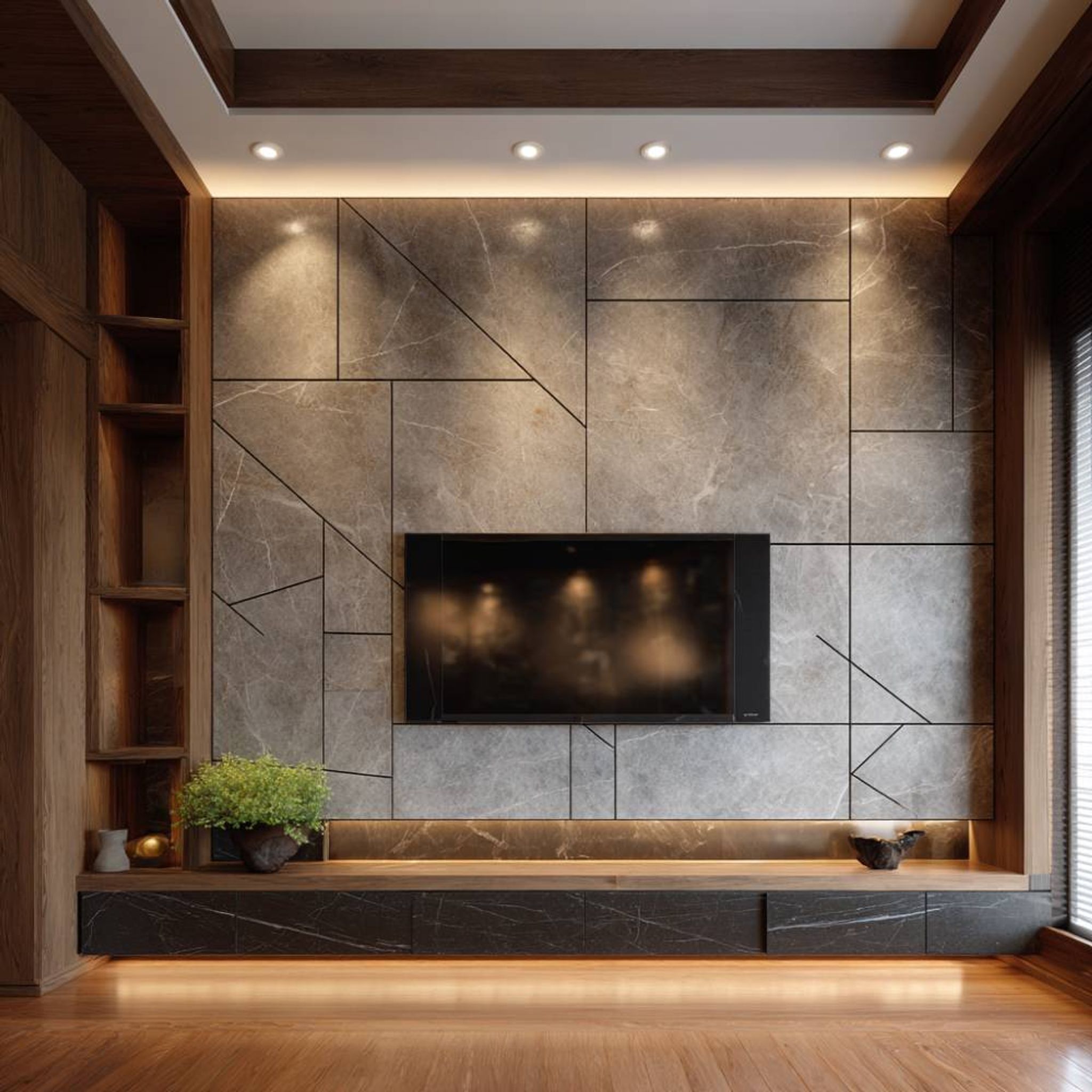 Contemporary Grey and Brown TV Unit Design with Stone Panel Storage ...