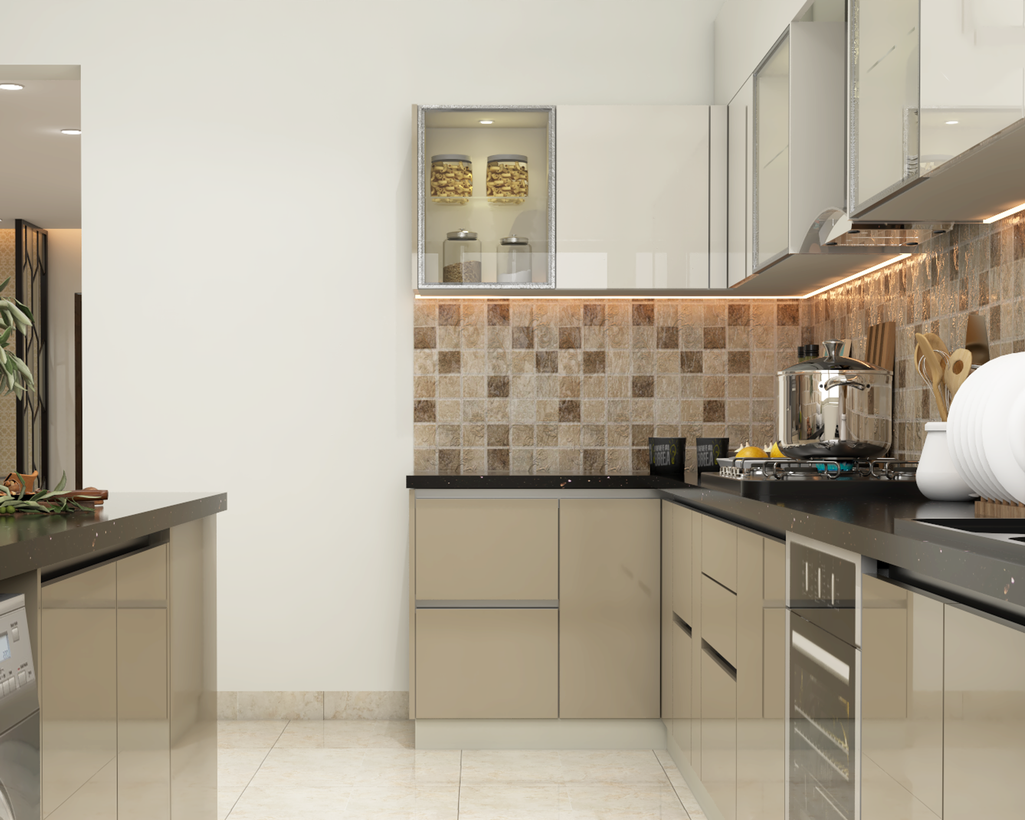 Premium Kitchen Design with Pixellated Dado and Handleless Look | Livspace
