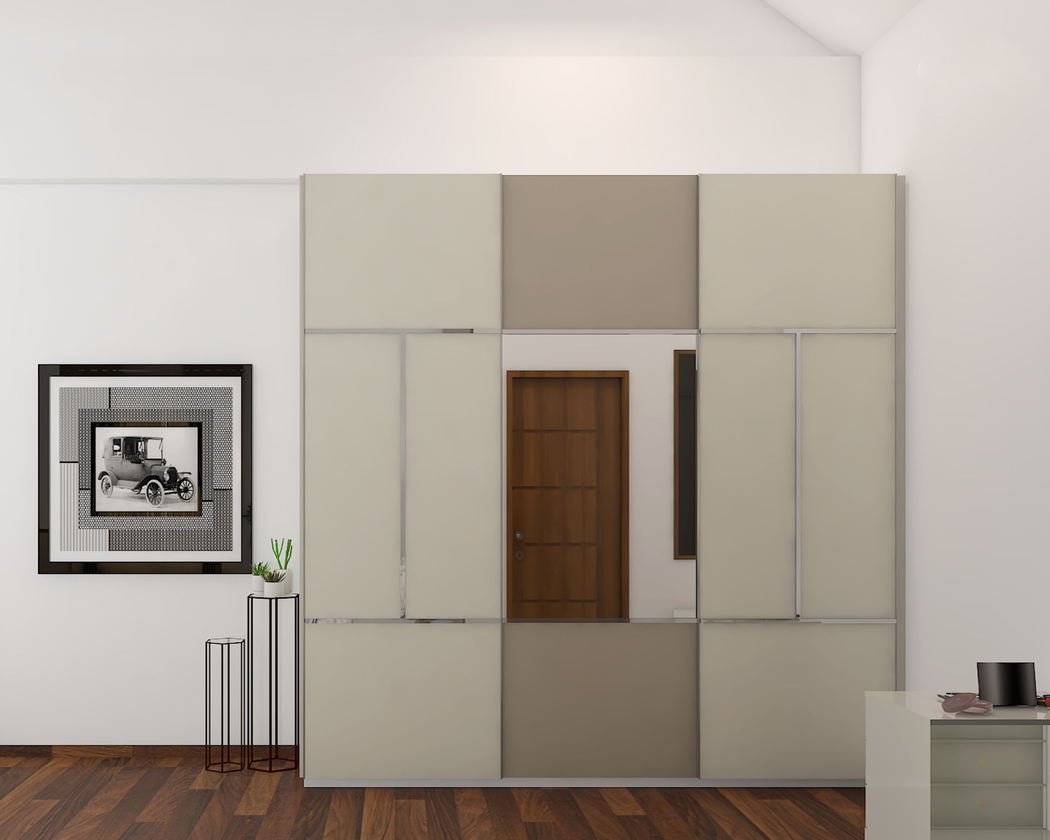 Modern Spacious Wardrobe with Geometric Patterns and Mirror | Livspace