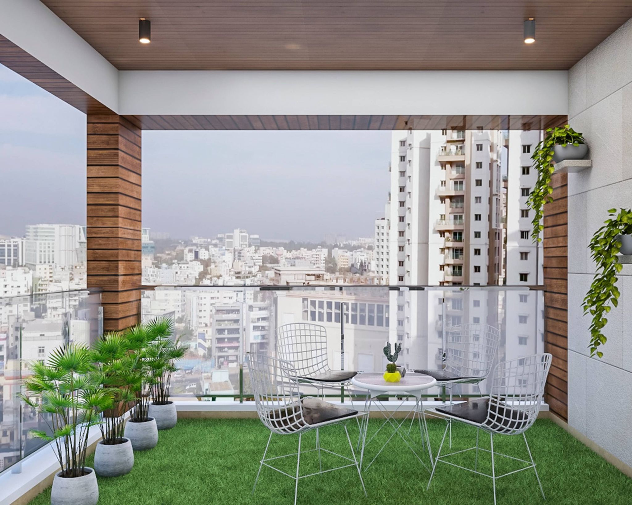 Modern Style Balcony Design With Plants And Seating Area | Livspace