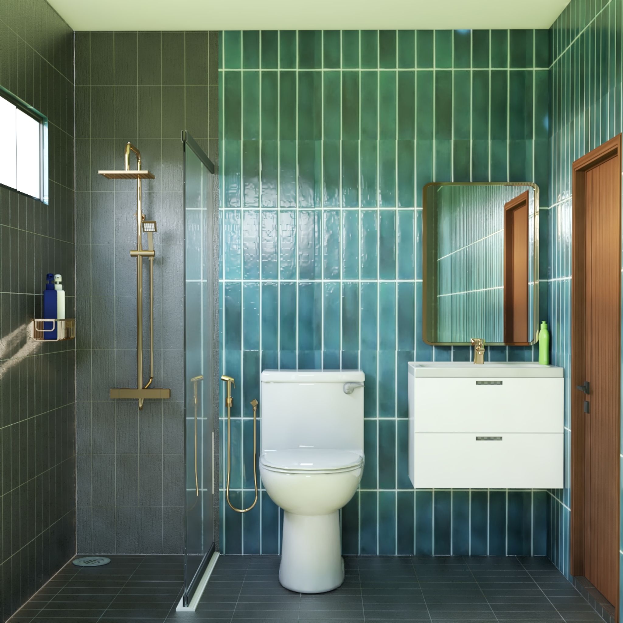 Contemporary Bathroom Design With Glossy Green And Black Tiles | Livspace
