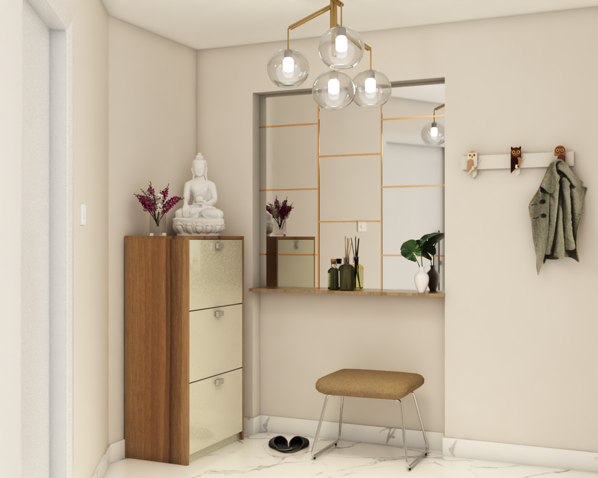 Mirror Wall Foyer Design With Storage Unit | Livspace