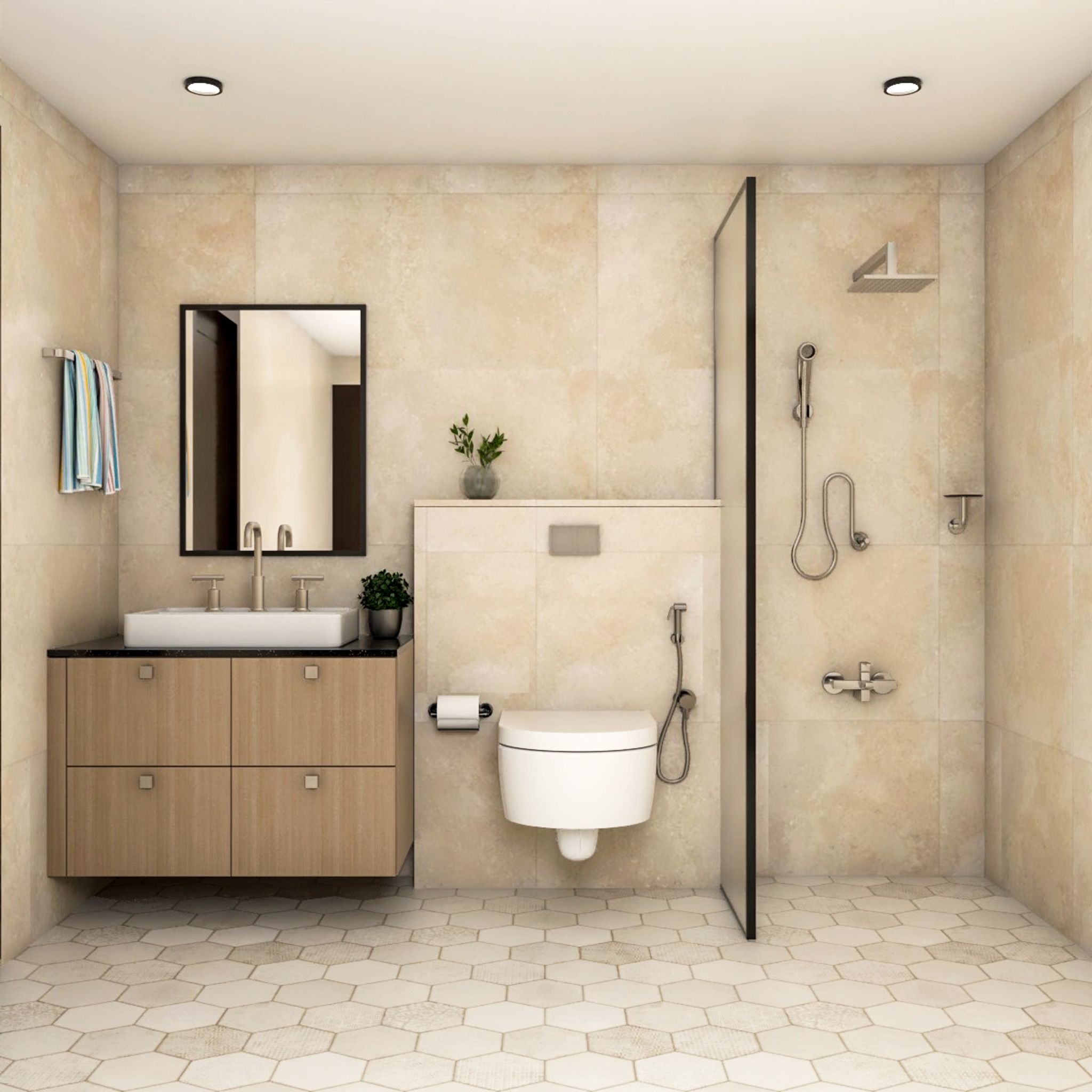 Modern Bathroom Design With Patterned Floor Tiles | Livspace
