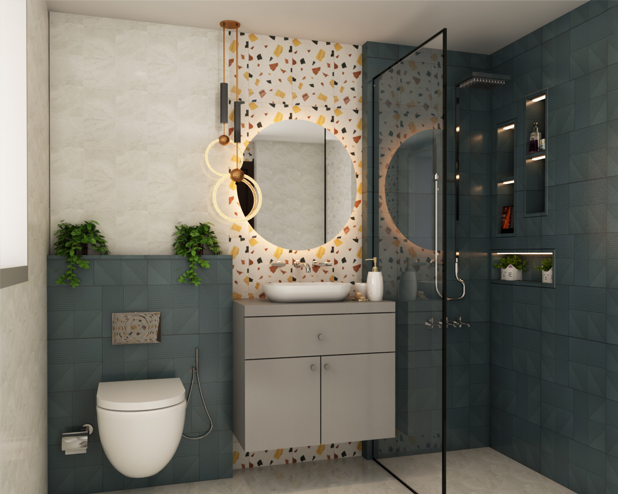 Transitional Bathroom Design With Green Patterned Tiles | Livspace