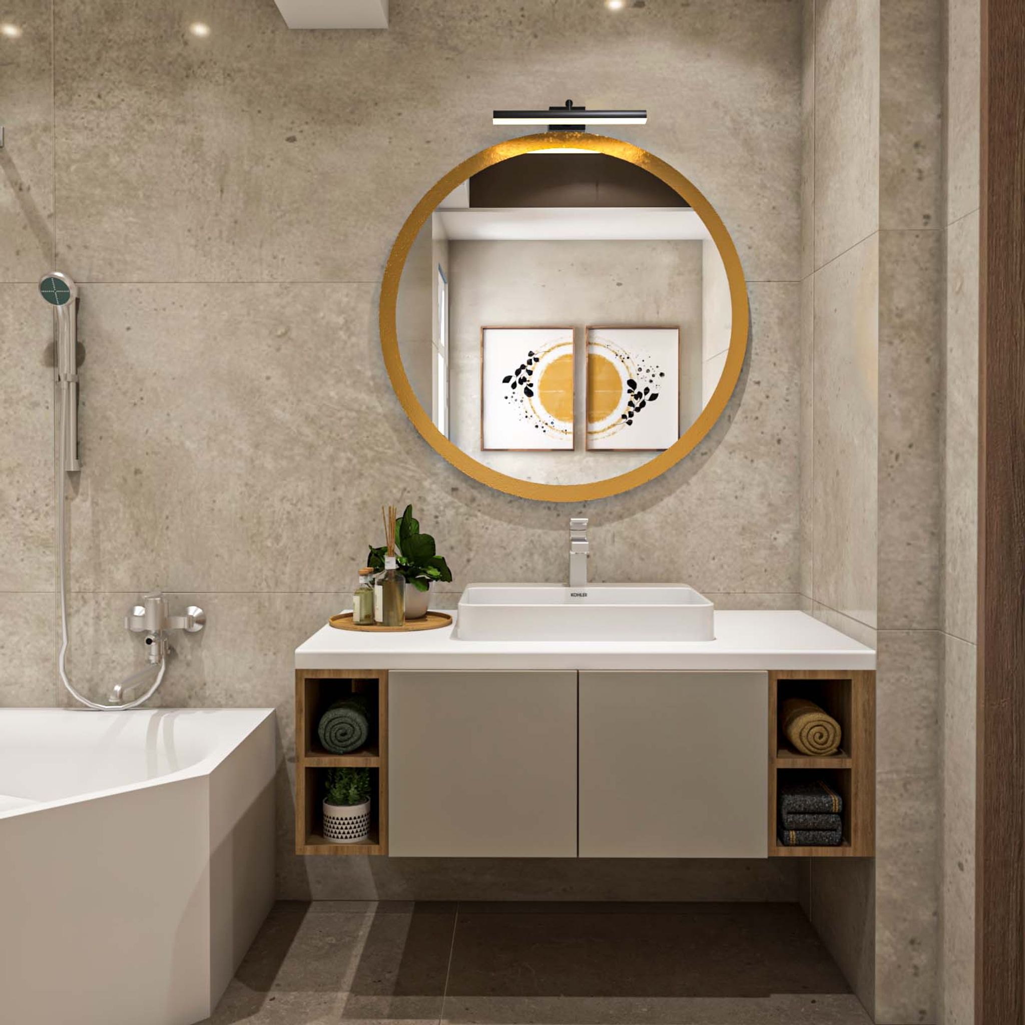 Modern Bathroom Design with Concrete Finish Tiles and Large Vanity ...