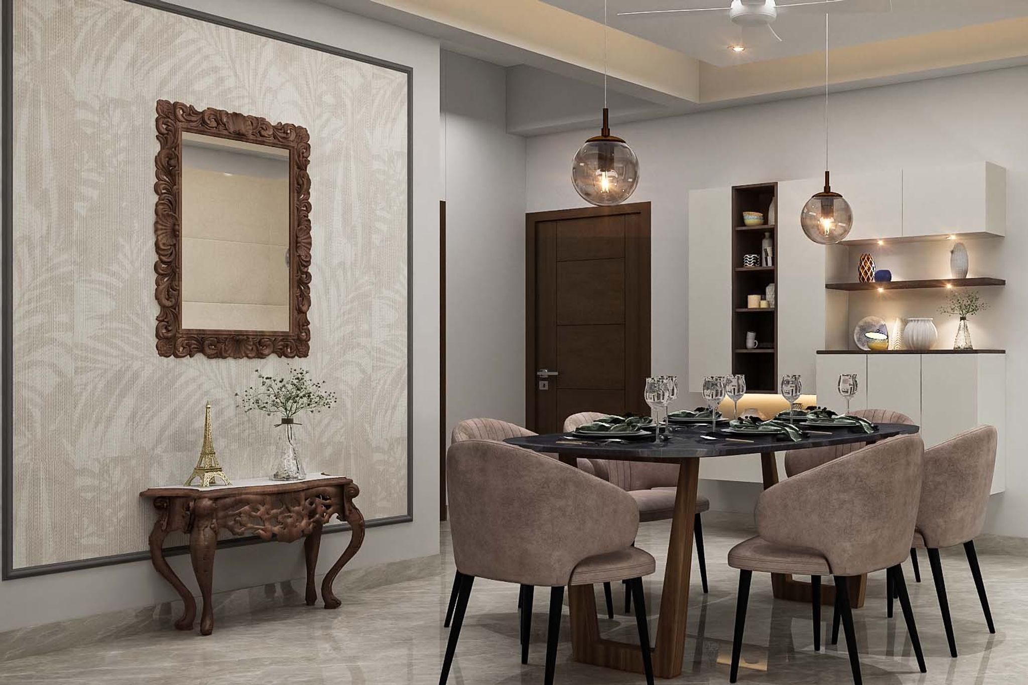 Neutral Spacious Dining Room Design With 6 Dining Chairs | Livspace