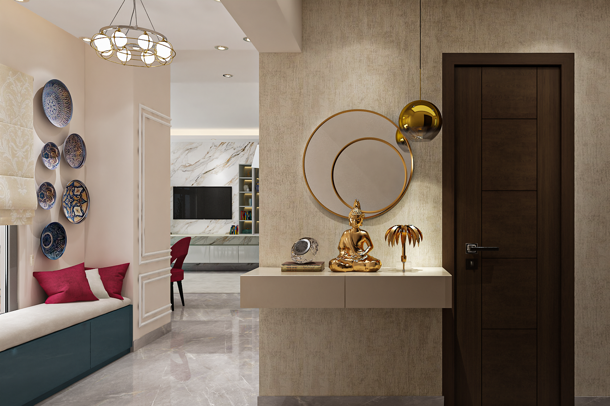 Compact Foyer Design With Golden Decor | Livspace