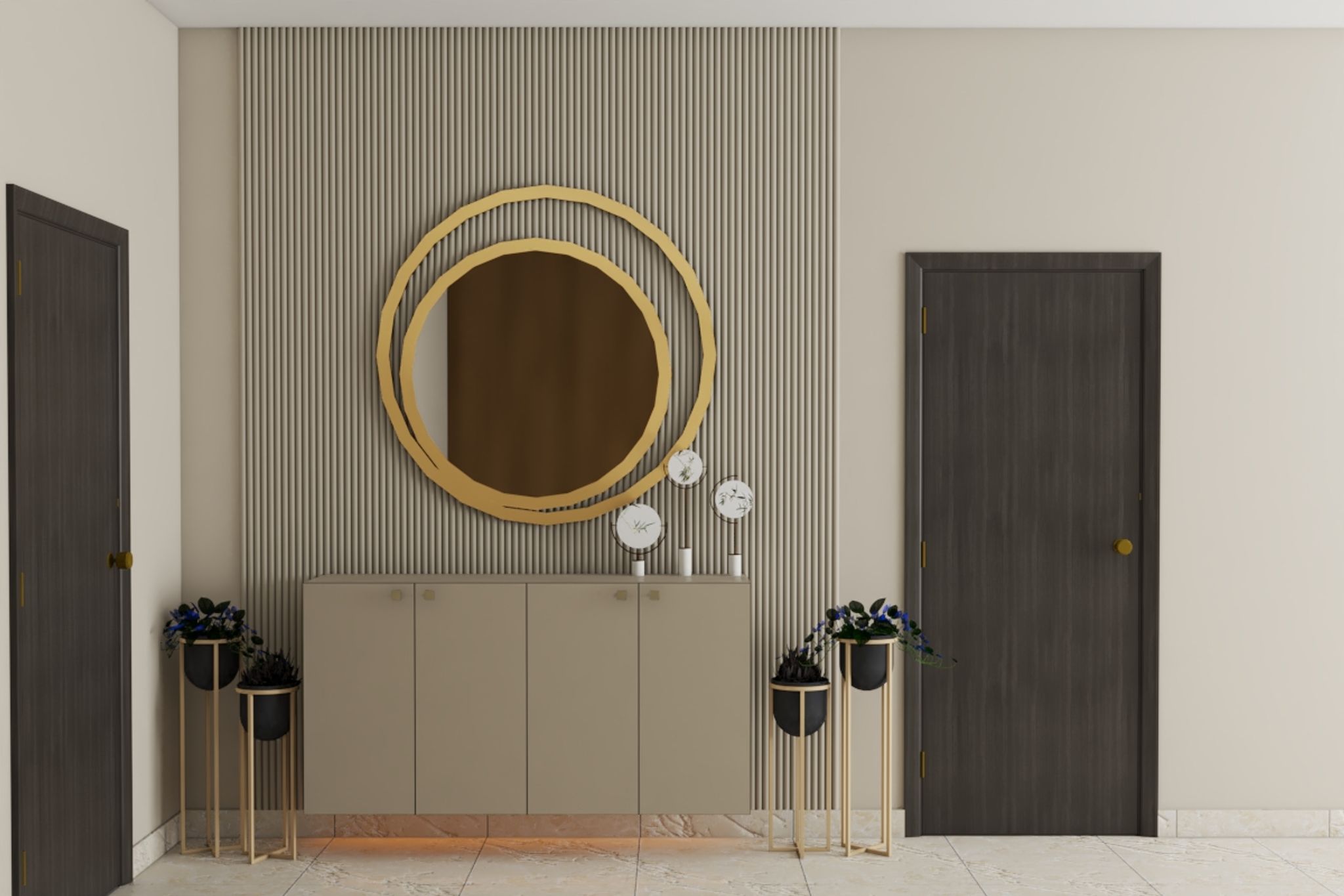 Spacious Foyer Design With Subtle Palette And Golden Mirror | Livspace