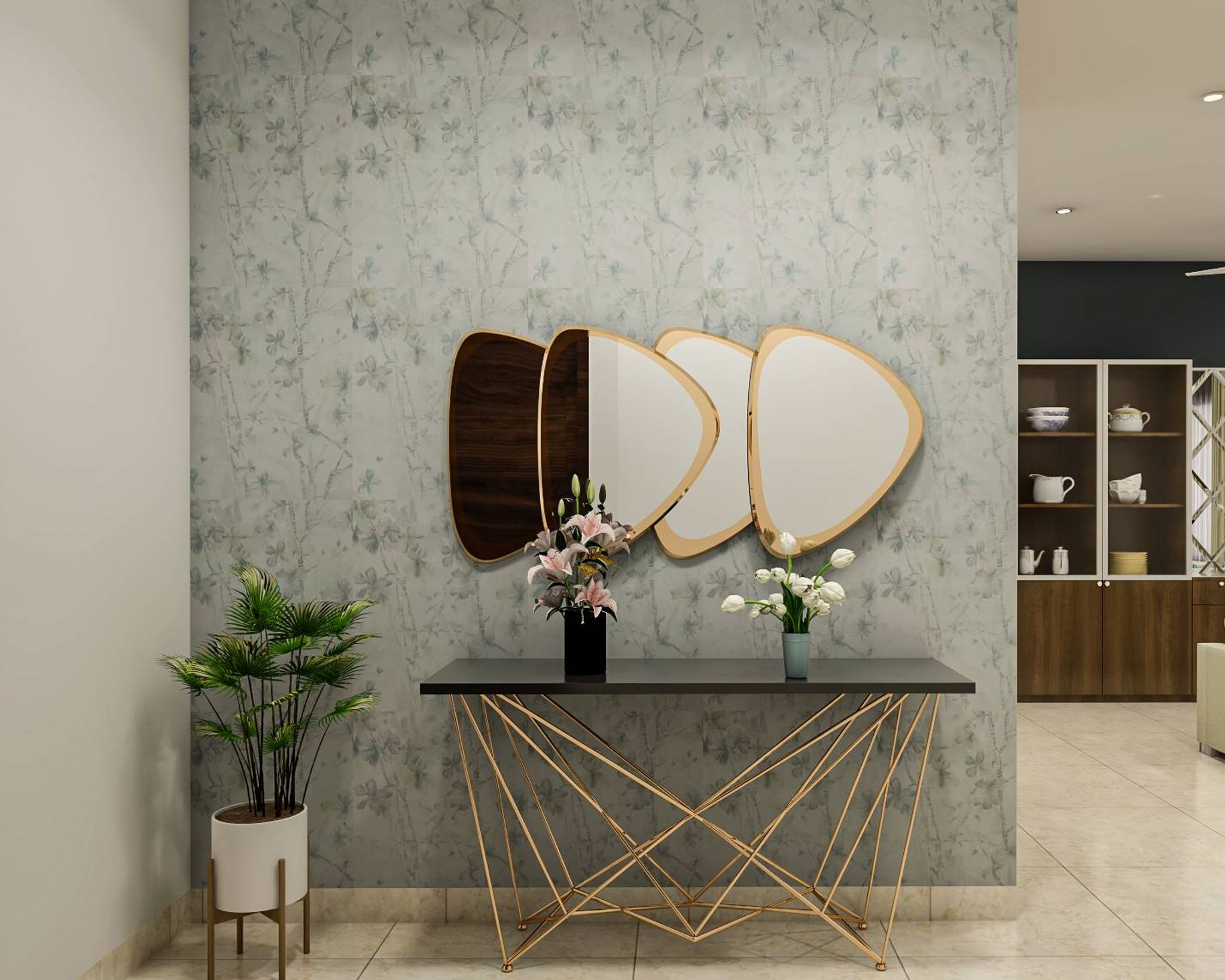 Modern Spacious Foyer Design With Unique Mirror Design | Livspace