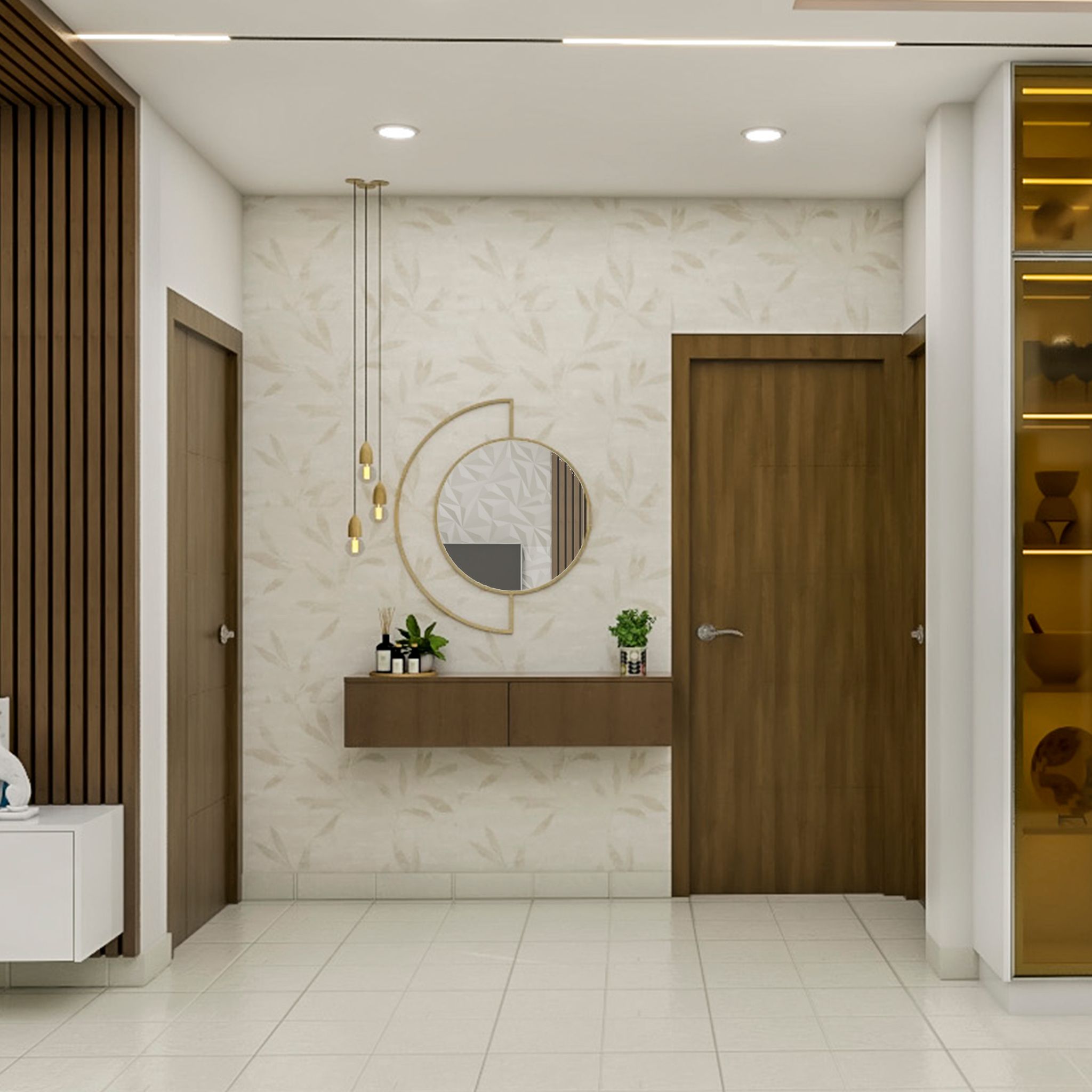 Compact Foyer Design With Golden Framed Mirror And Floral Wallpaper ...