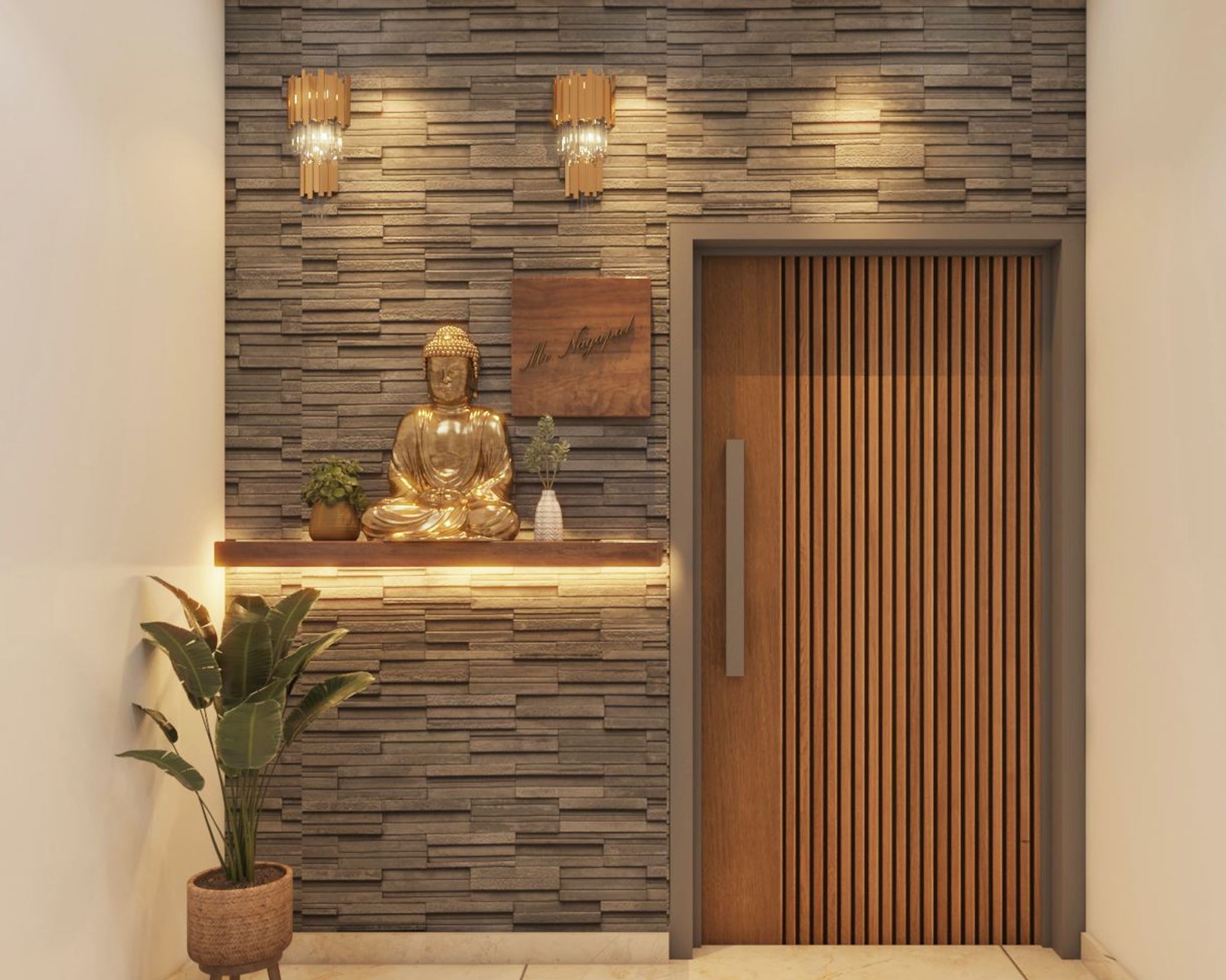 Spacious Foyer Design With Wooden Wall Rack Design | Livspace