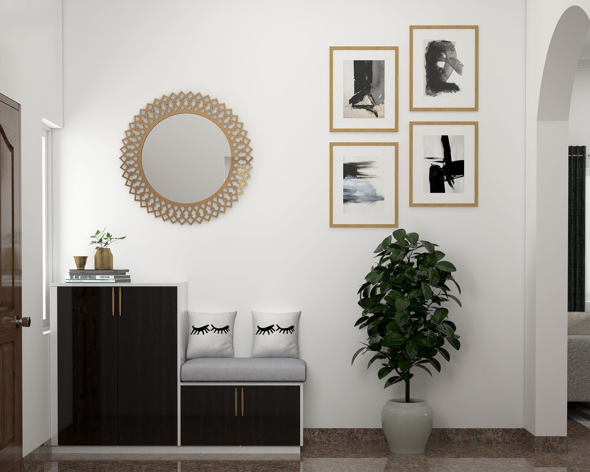 Trendy Navy-Blue Foyer Design With Elegant Art And Circular Mirror ...