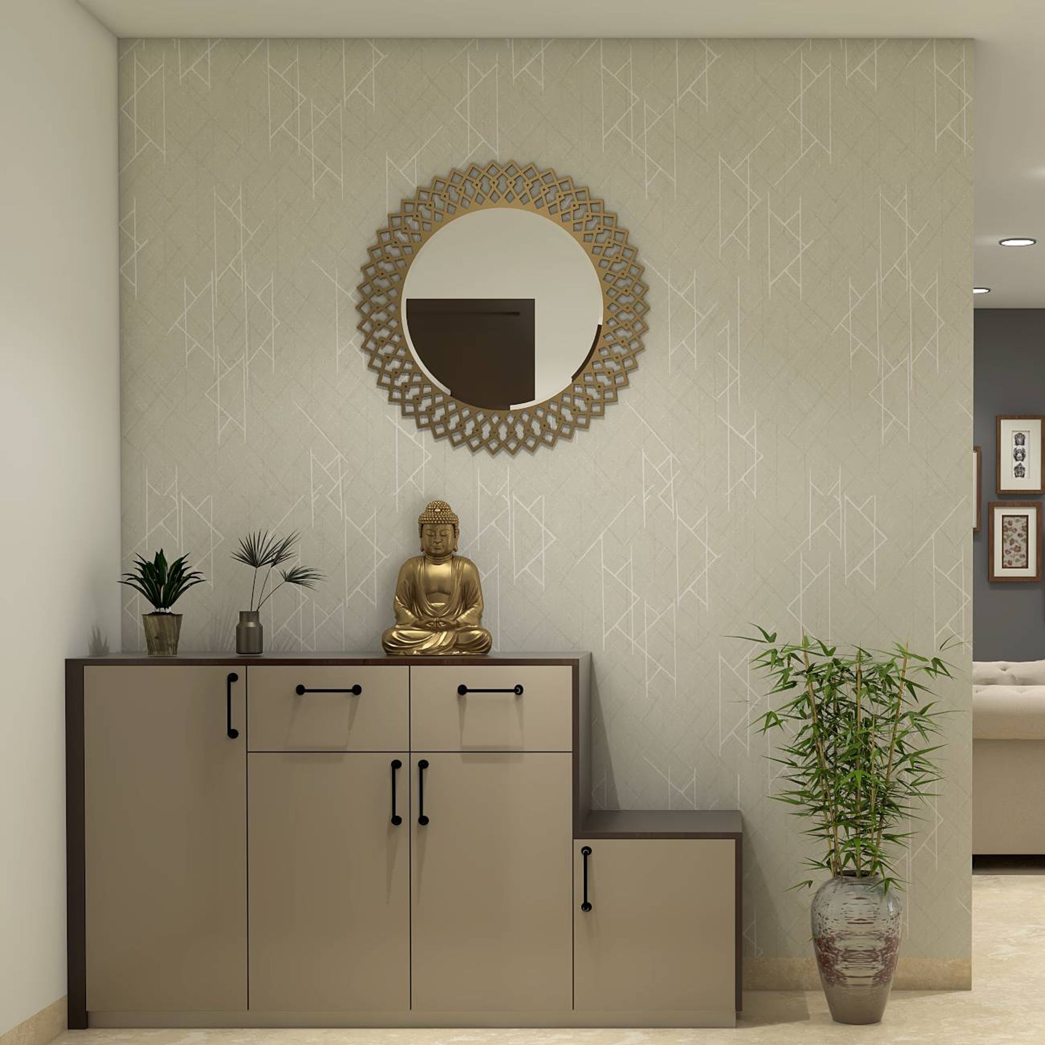 Compact Foyer Design With Round Mirror | Livspace