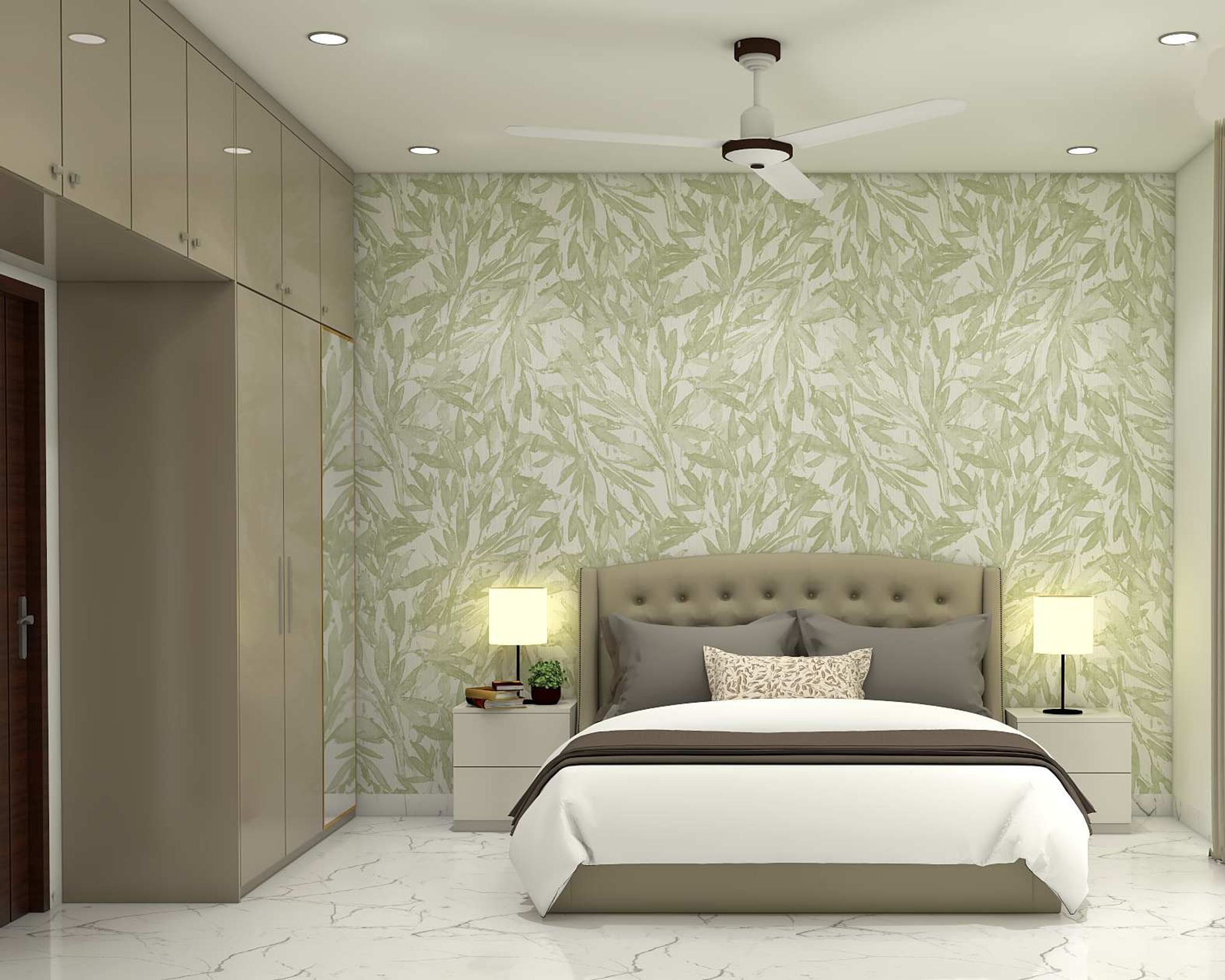Modern Guest Bedroom Design With Subtle Tones And Leafy Wallpaper ...