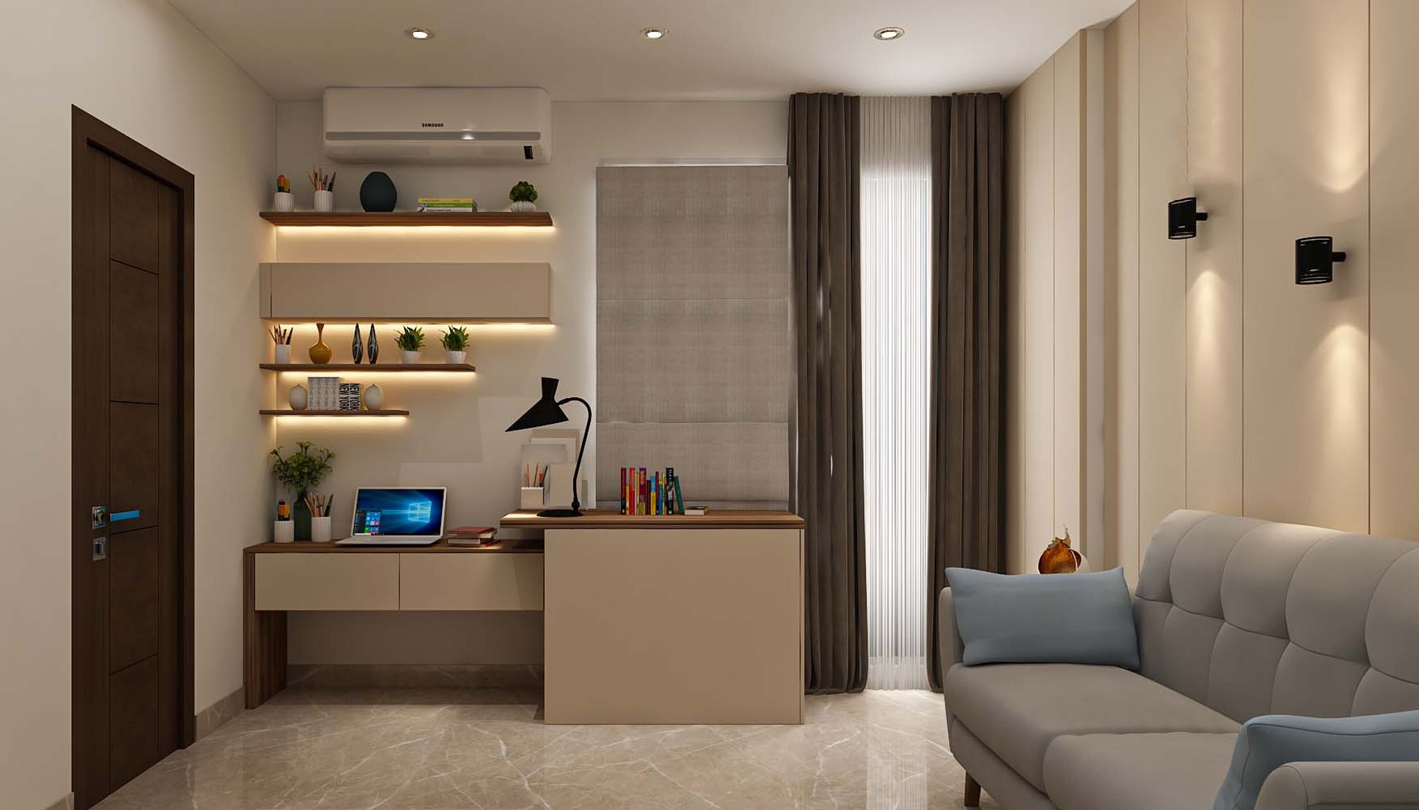 Spacious Home Office Design With Open Shelves | Livspace