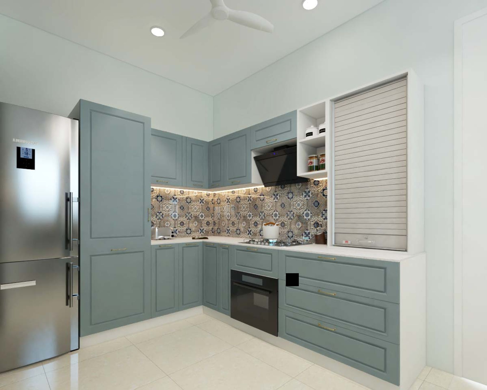 Light Blue Kitchen Design With Brass Handles | Livspace